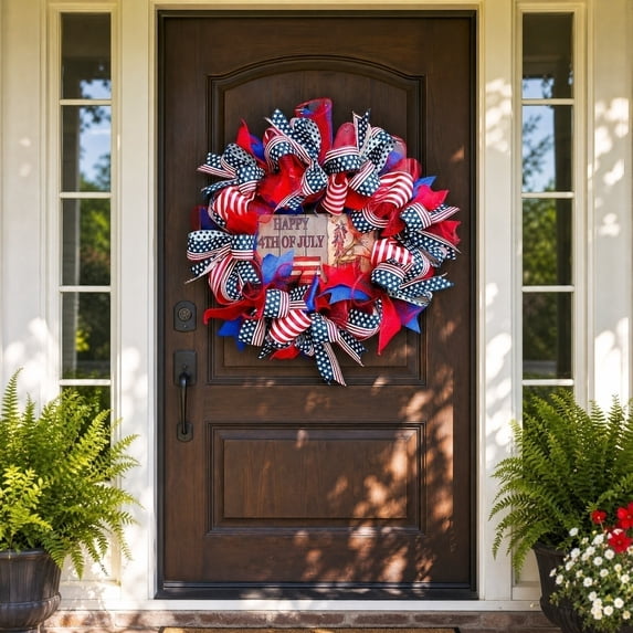 Amketima 16 Inch Happy 4th of July Wreath Patriotic Flag Wreath Red ...