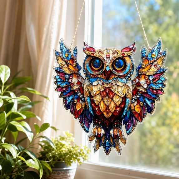 Amketima Acrylic Suncatcher Owl Stained Glass Style Ornament 24cm with ...