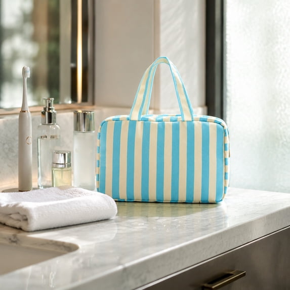 Amketima Four Fold Striped Toiletry Bag Dry and Wet Separation Cosmetic ...