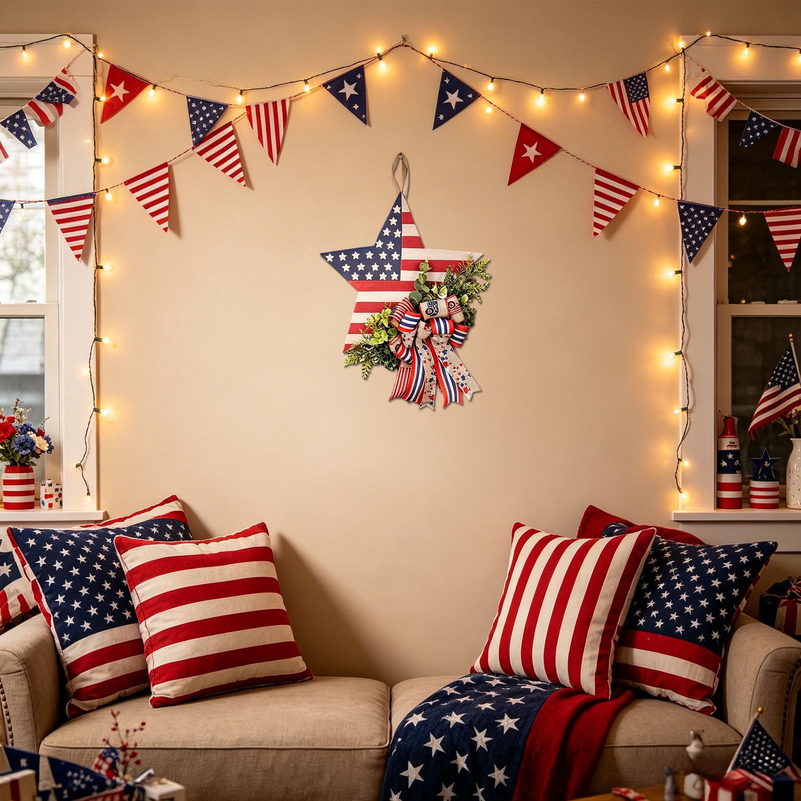 Amketima Patriotic Star Wreath 4th of July Door Hanger with USA Flag ...