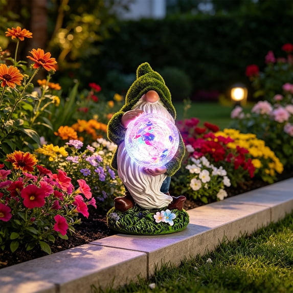 Amketima Resin Gnome Solar Garden Lamp with Glowing Crackle Glass Ball ...
