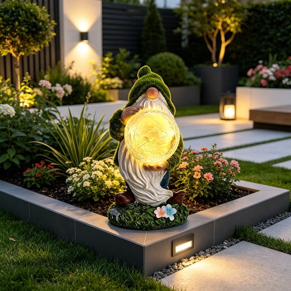 Amketima Resin Gnome Solar Garden Lamp with Glowing Crackle Glass Ball ...