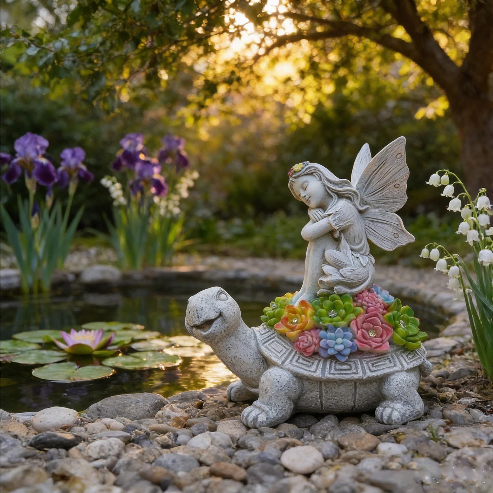 Amketima Solar Resin Gnome Statue with Turtle and Succulents Outdoor ...