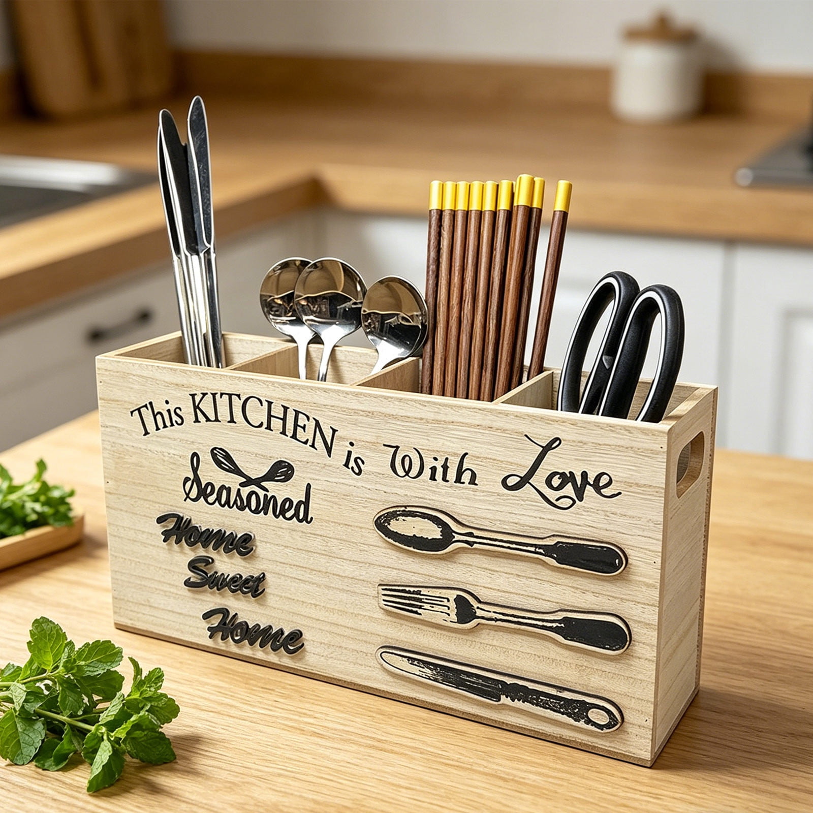 Amketima Wooden Utensil Caddy 4 Compartment Cutlery Holder,Kitchen ...