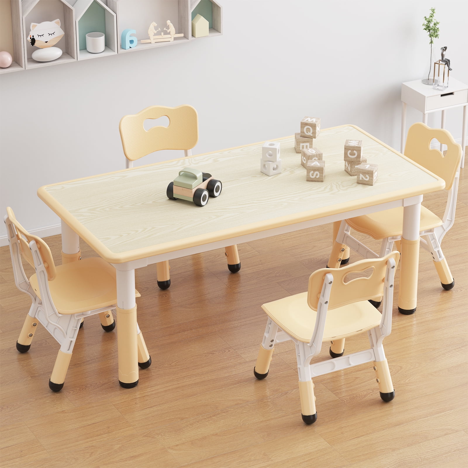 Amkui Kids Table Set and 4 Chair, Height Adjustable Toddler Desk and ...