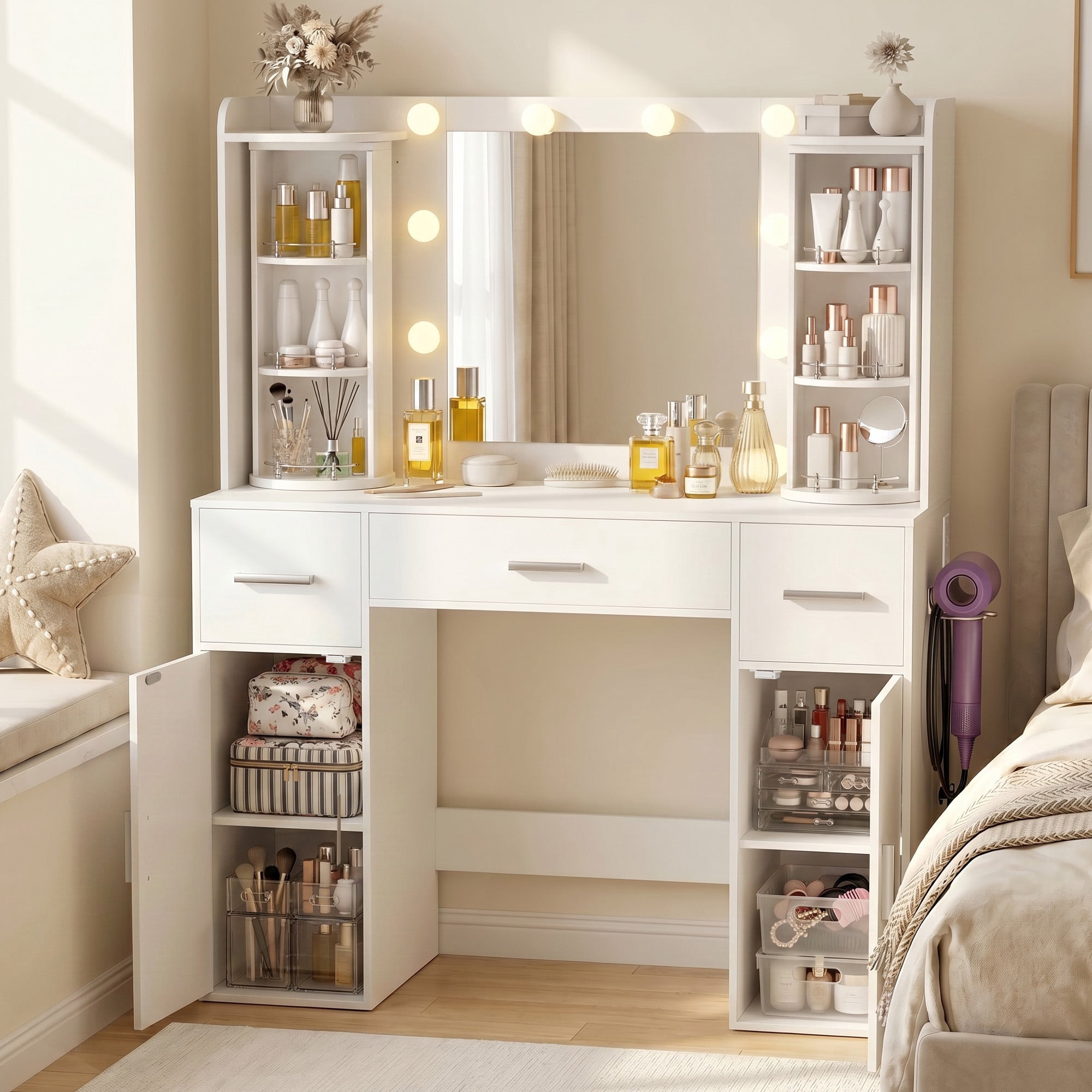 Amlancher Makeup Vanity Desk with Lighted Mirror and Rotating Jewelry ...