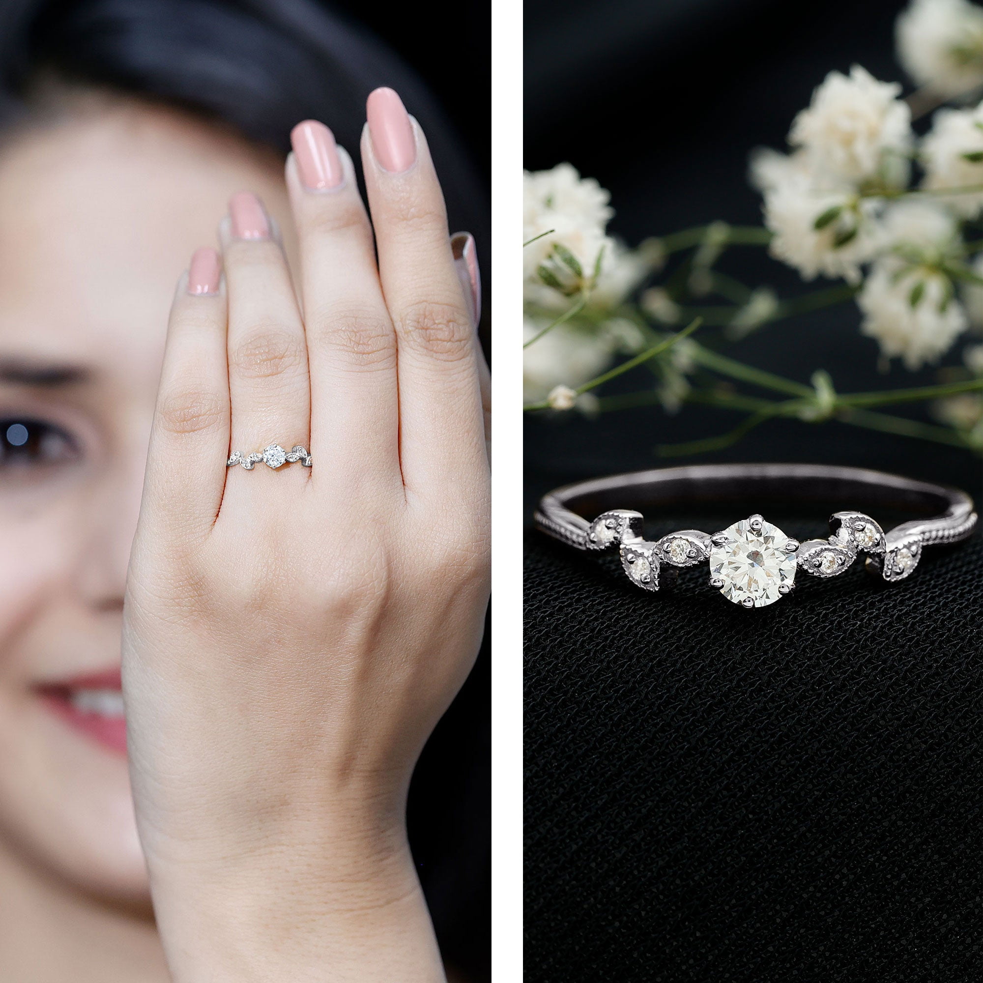 Ammo Jewel 1.2 Ct Round Cut Lab Created Diamond Engagement Leafy Ring - 14K White Gold Plated ...