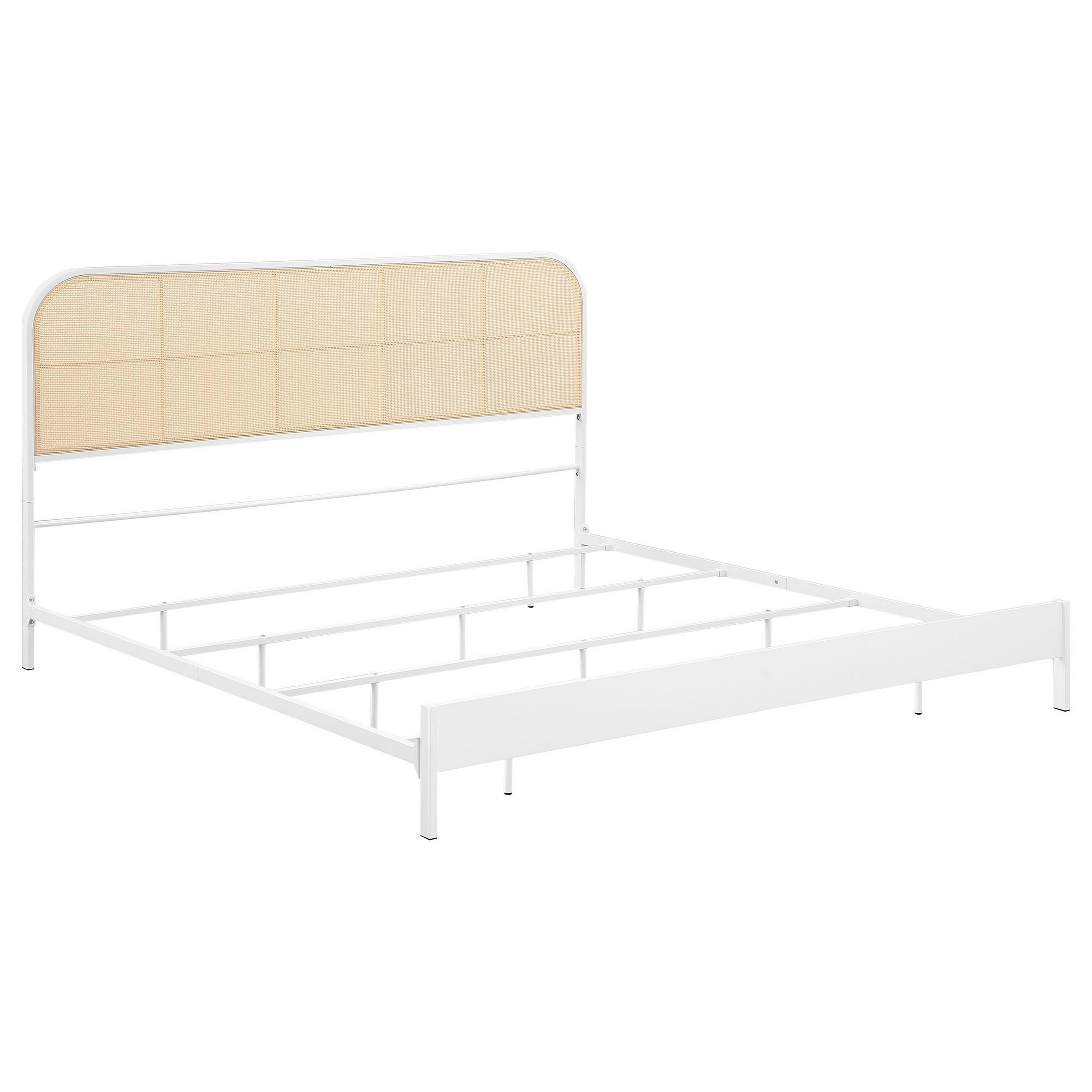 Ammy King Bed, Radio Weave Headboard, Brown Faux Rattan, White Metal ...