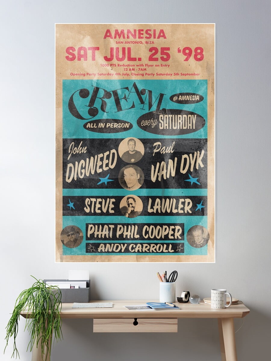 Amnesia Ibiza 1998 John Digweed Paul Van Dyk Cream Vintage Poster Wall ...