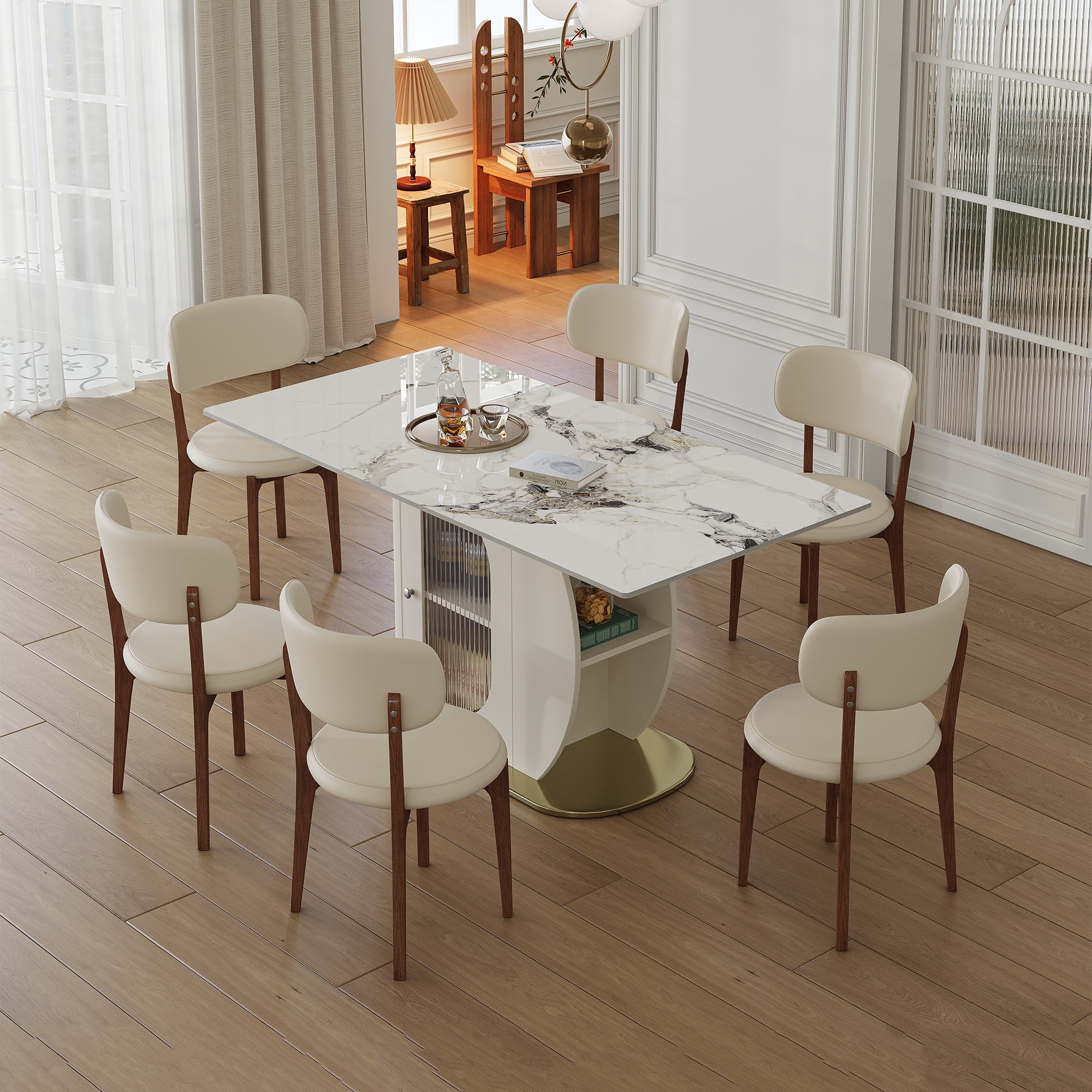Amoa 3-Piece Dining Set: White Round Table w/ 2 Velvet Chairs, Wood ...