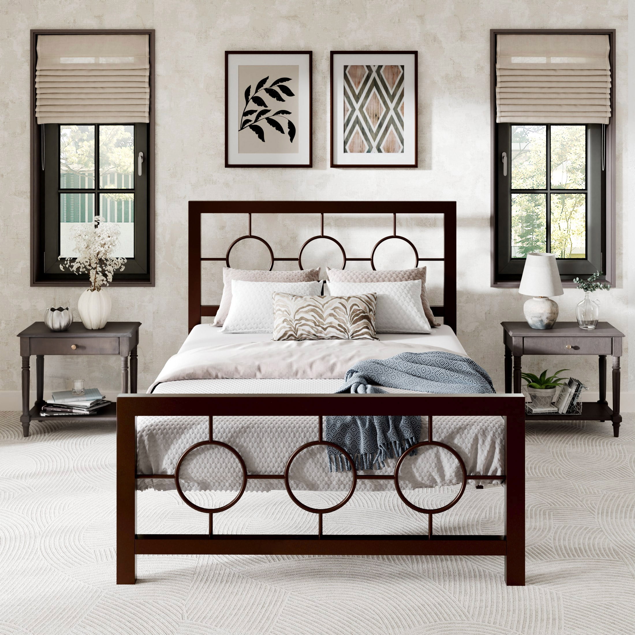 Amolife Brown Twin Size Metal Platform Bed Frame with Circular Vintage ...