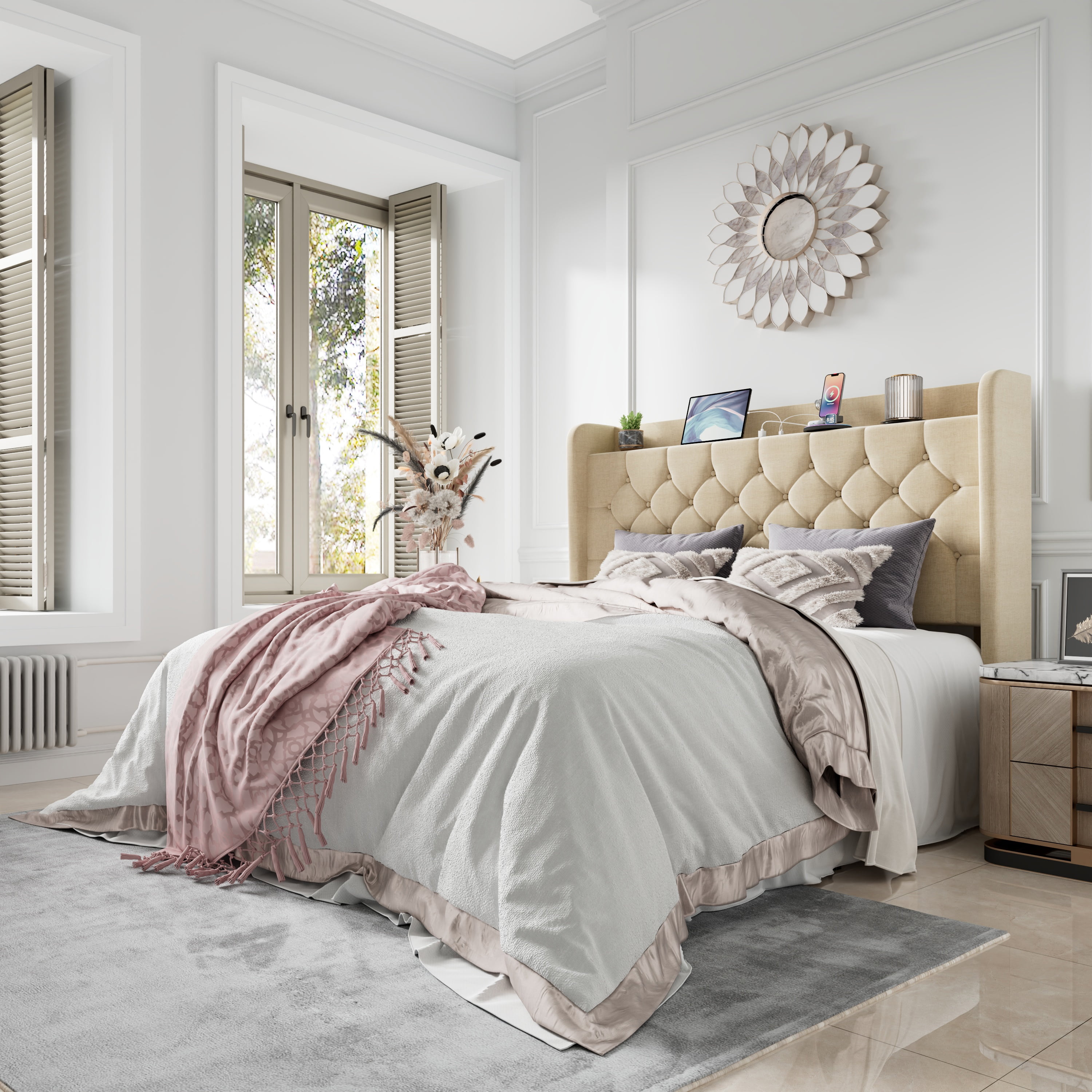 Amolife Full Bed Frame with Storage Wingback Headboard and Fast ...