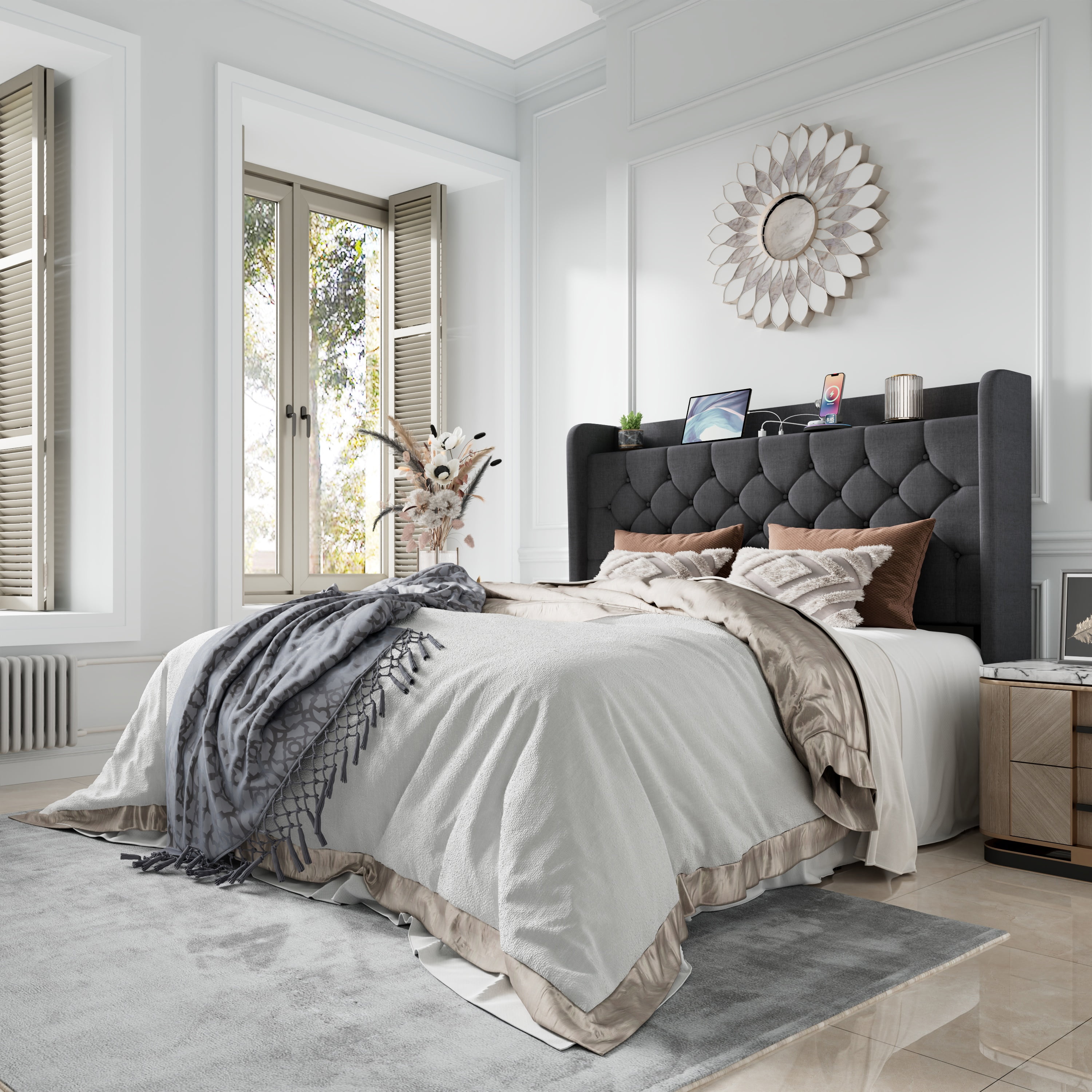 Amolife Full Bed Frame with Storage Wingback Headboard and Fast ...