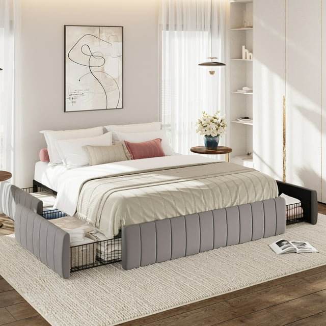 Amolife Full Size Bed Frame, Platform Storage Bed with 4 Large Velvet ...