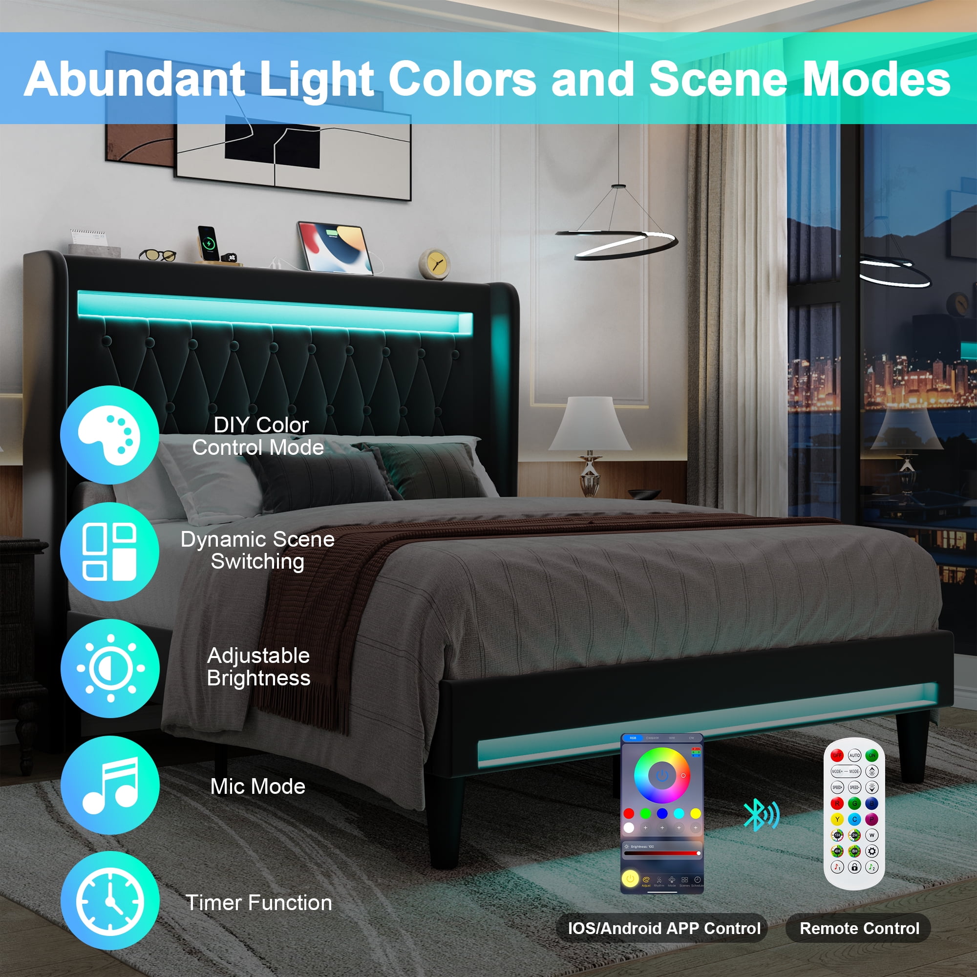Amolife Full Size LED Bed Frame, Upholstered Velvet Platfrom Bed with ...