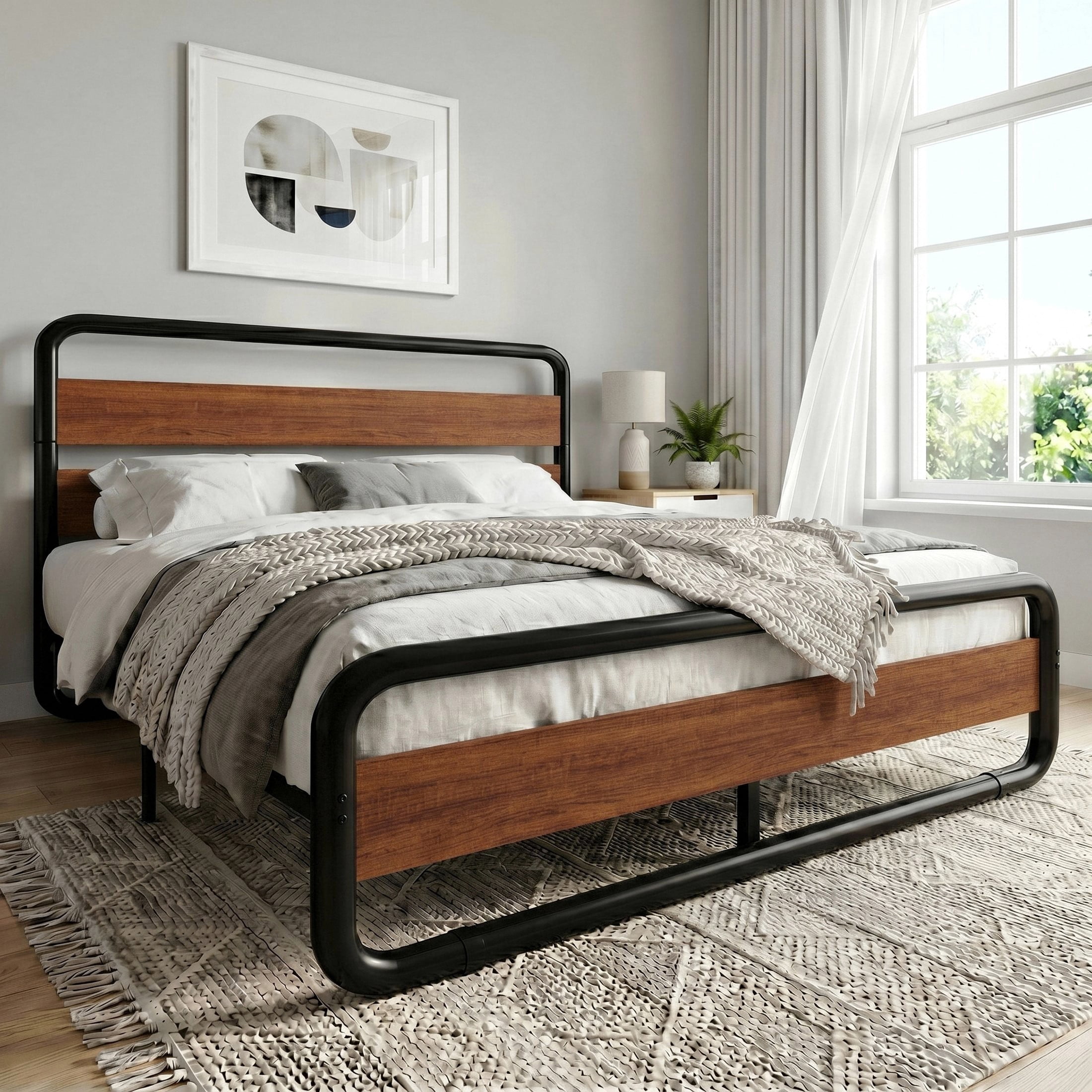 Amolife Full Size Bed Frame with Rounded-Edge Headboard and Footboard ...