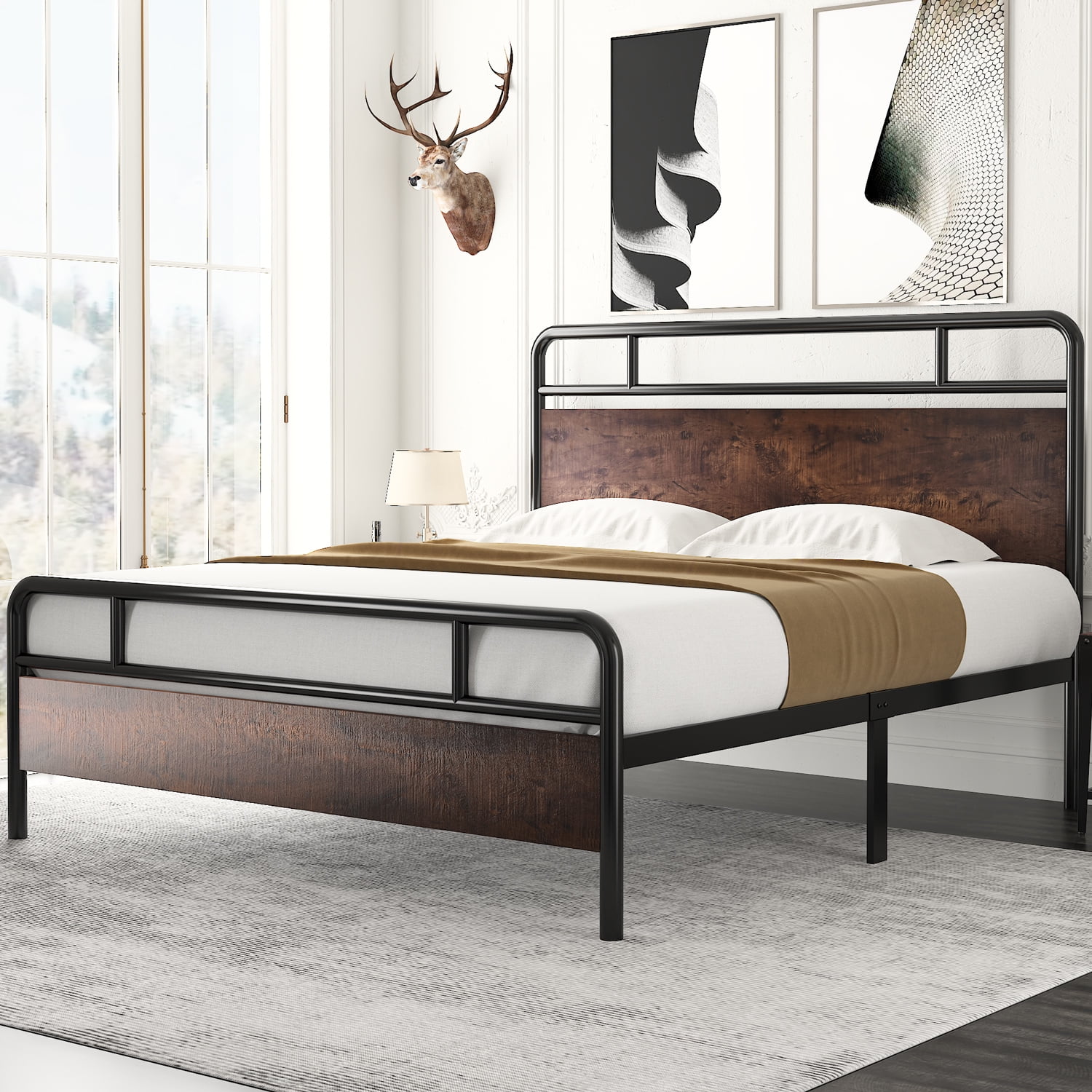 Amolife Full Size Iron Bed Frame with Modern Wood Footboard, Sanders ...
