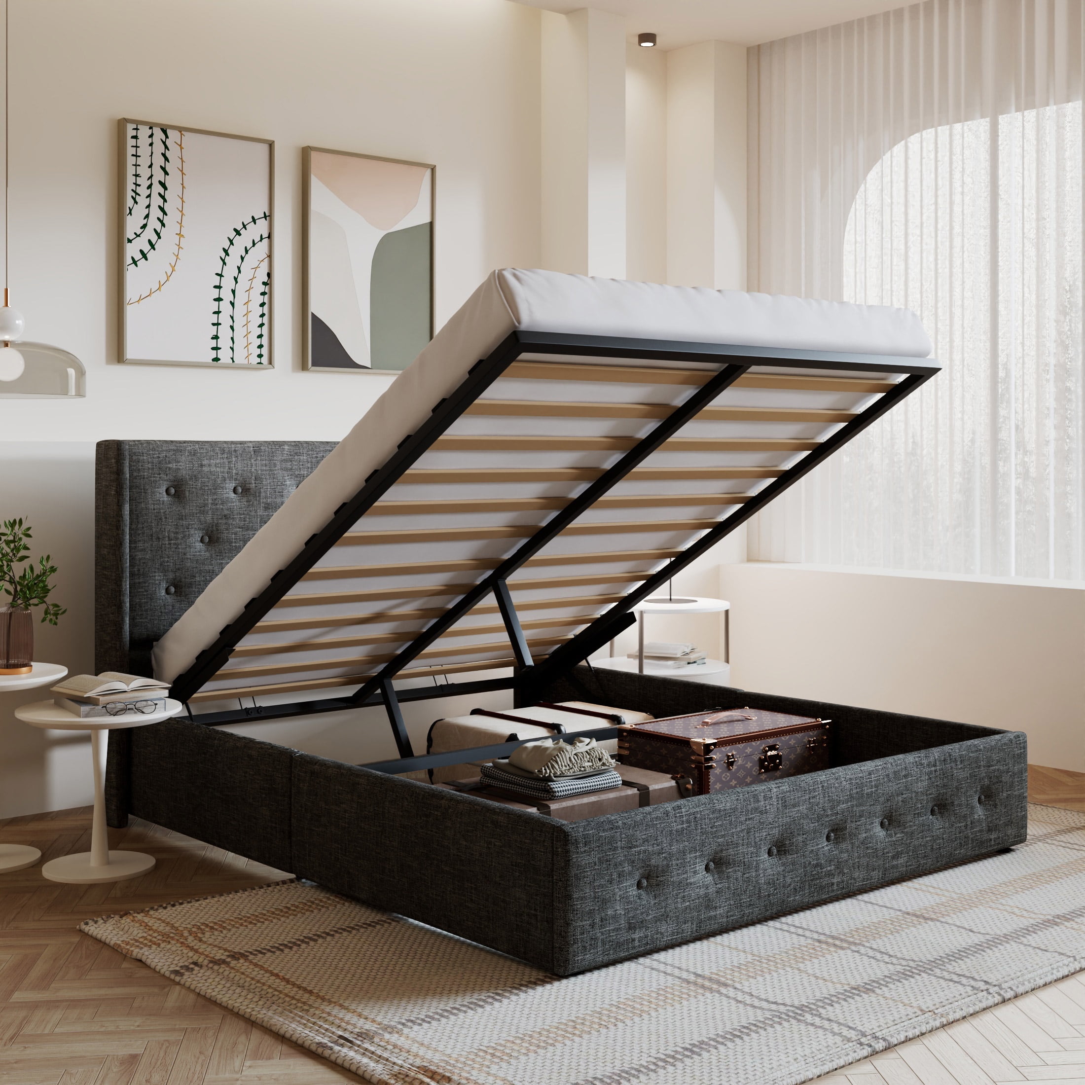 Amolife Full Size Upholstered Lift up Storage Platform Bed Frame with Fabric Button Tufted ...