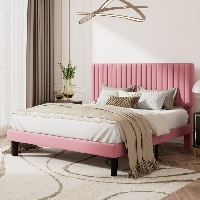 Amolife Full Size Upholstered Platform Bed Frame with Adjustable Velvet ...