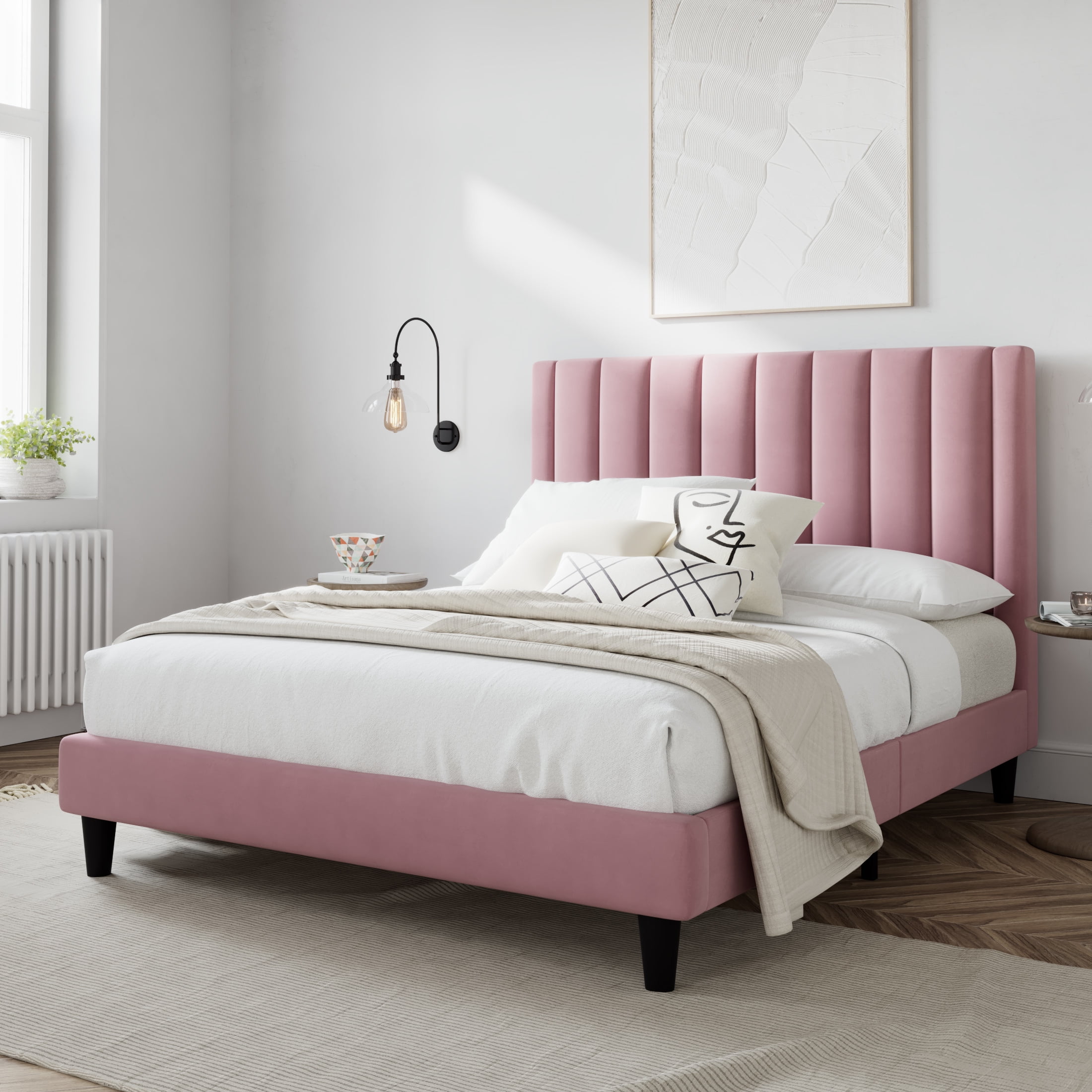 Amolife Full Size Velvet Upholstered Platform Bed Frame with Curved ...