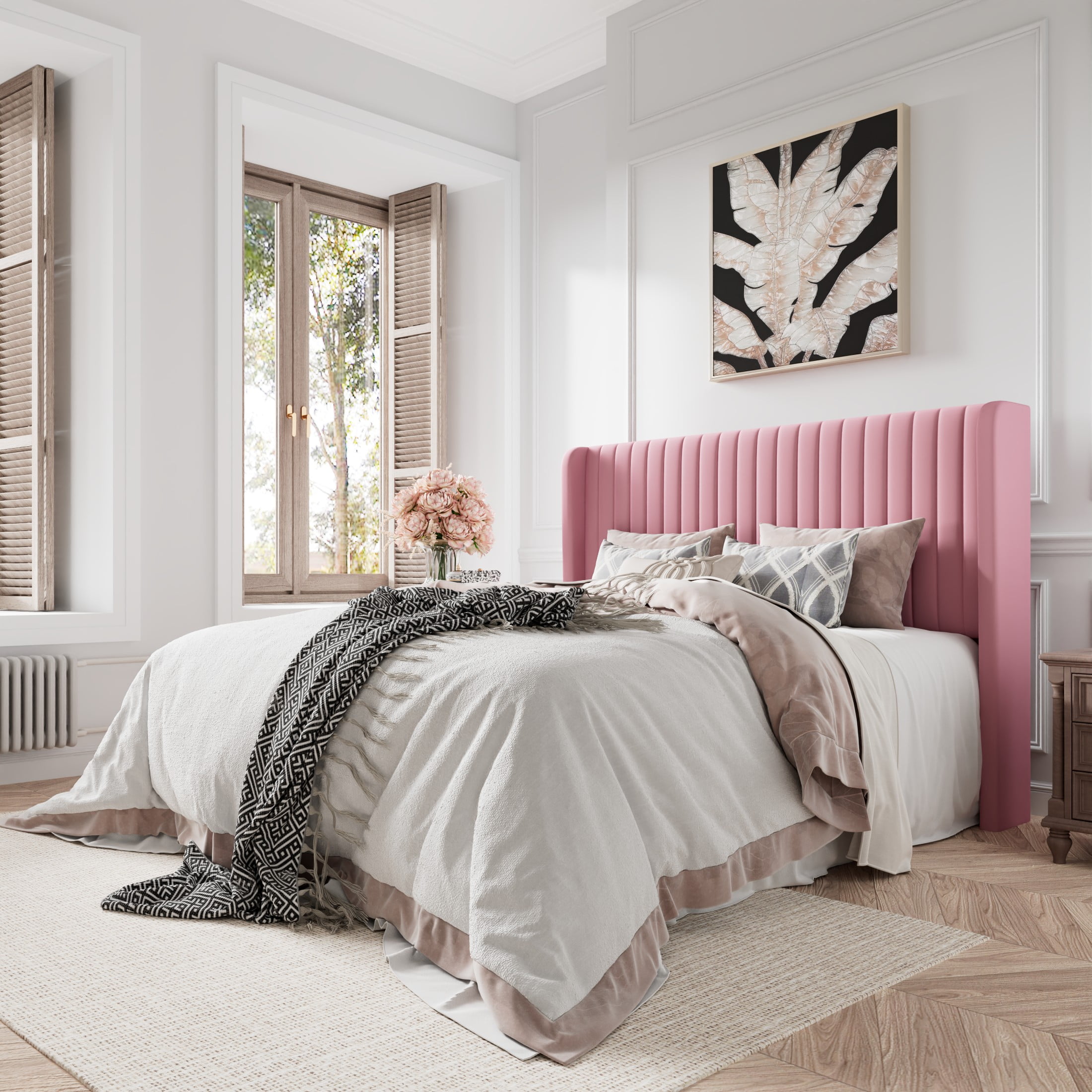 Amolife Full Size Velvet Upholstered Bed with Wingback Headboard Pink
