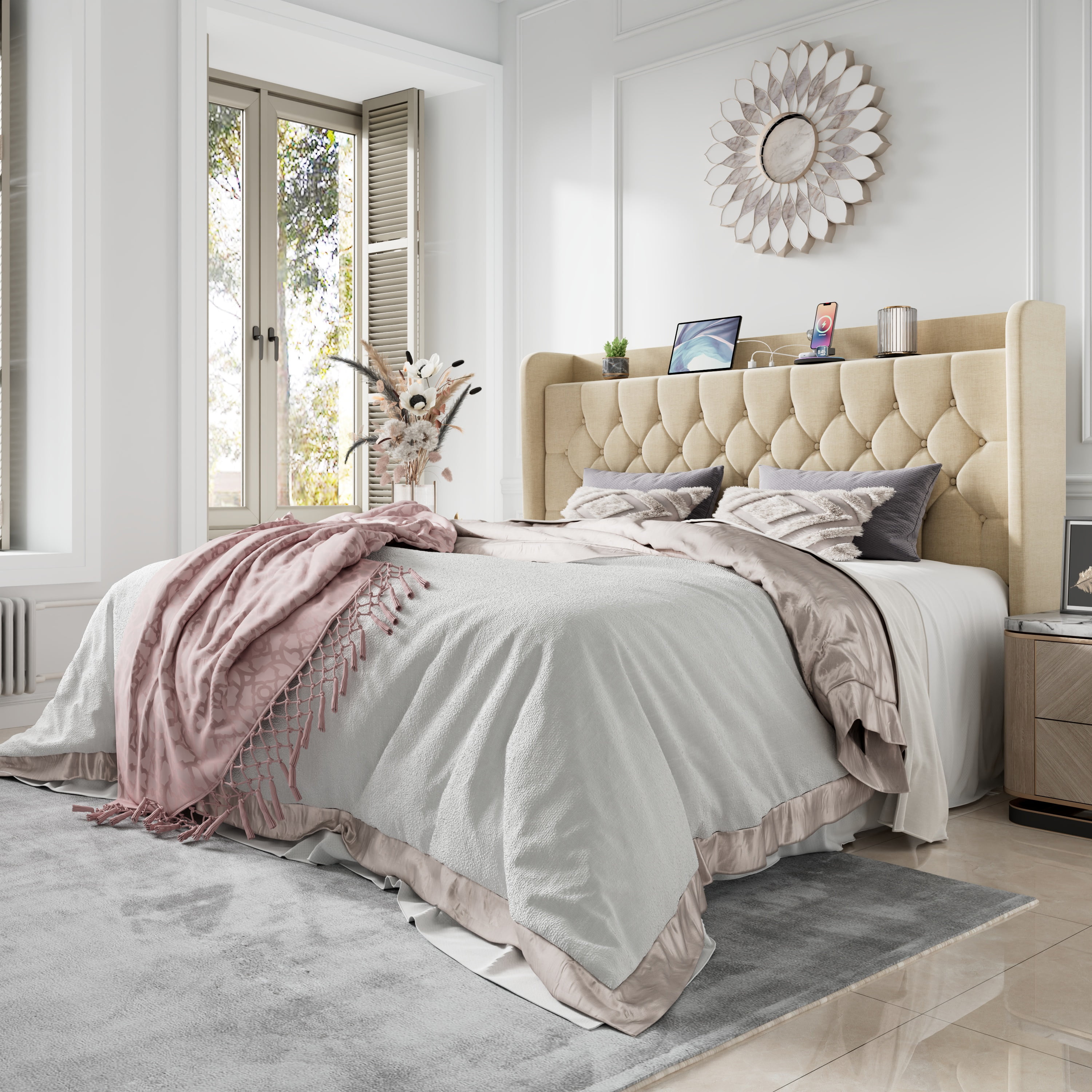 Amolife King Bed Frame with Storage Wingback Headboard and Fast ...