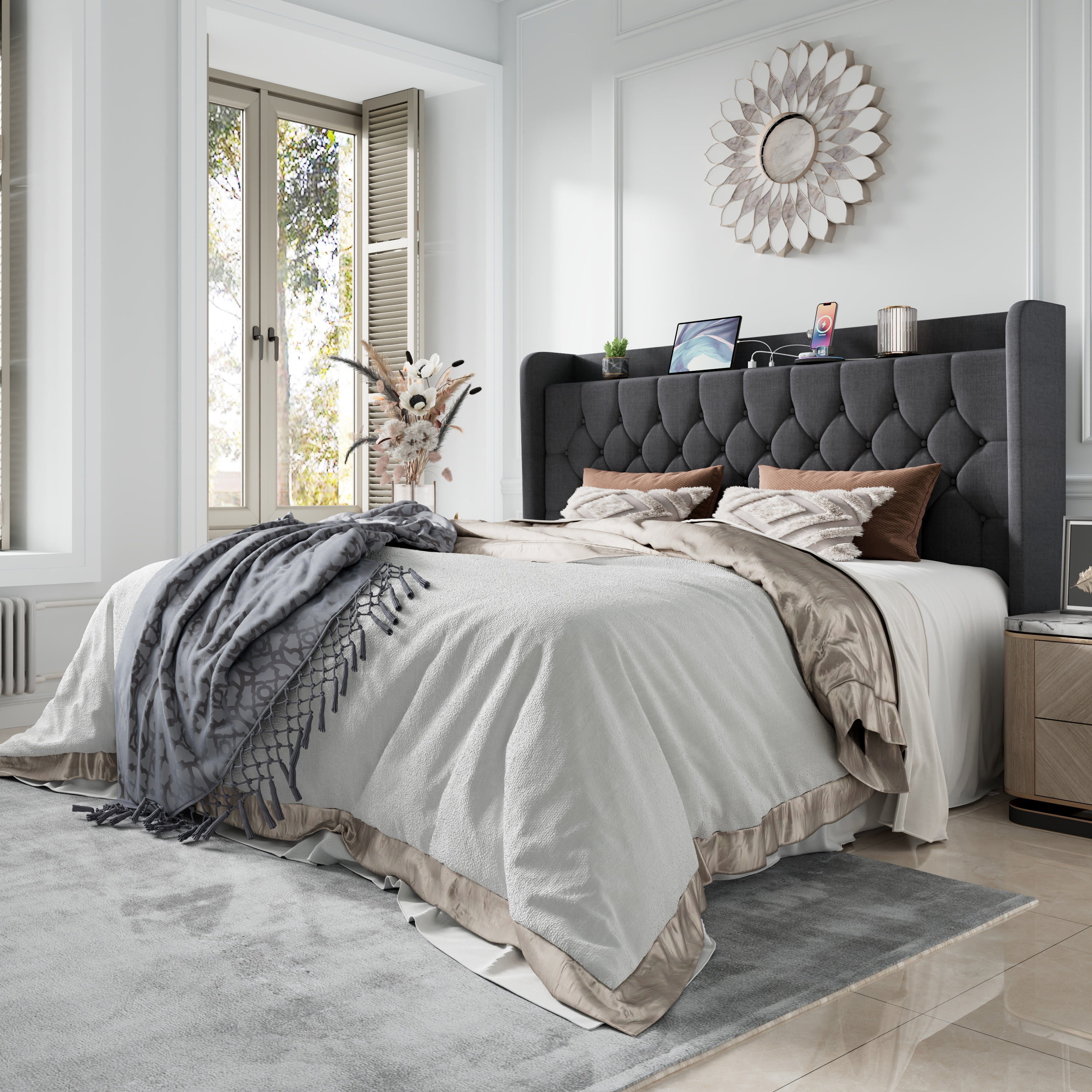 Amolife King Bed Frame with Storage Wingback Headboard and Fast ...