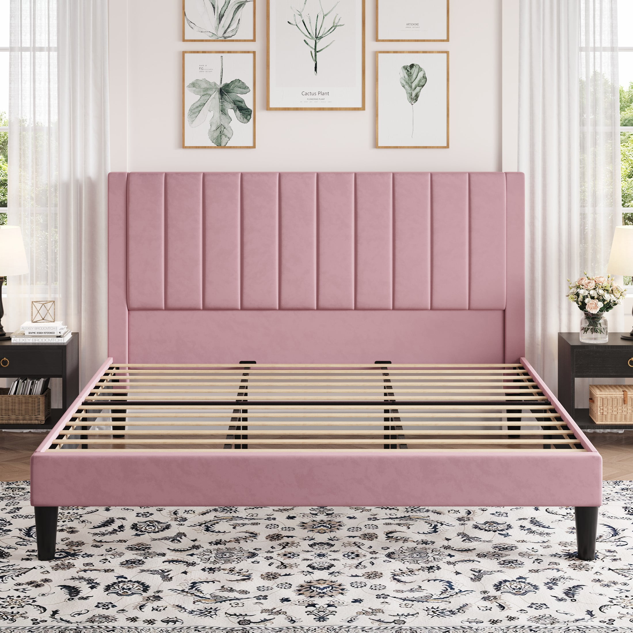 Amolife King Bed Frame with Velvet Vertical Stripe Headboard and Extra ...
