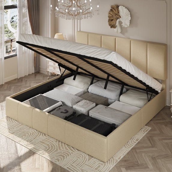 Amolife King Lift Up Storage Bed Frame with Velvet Adjustable Headboard ...