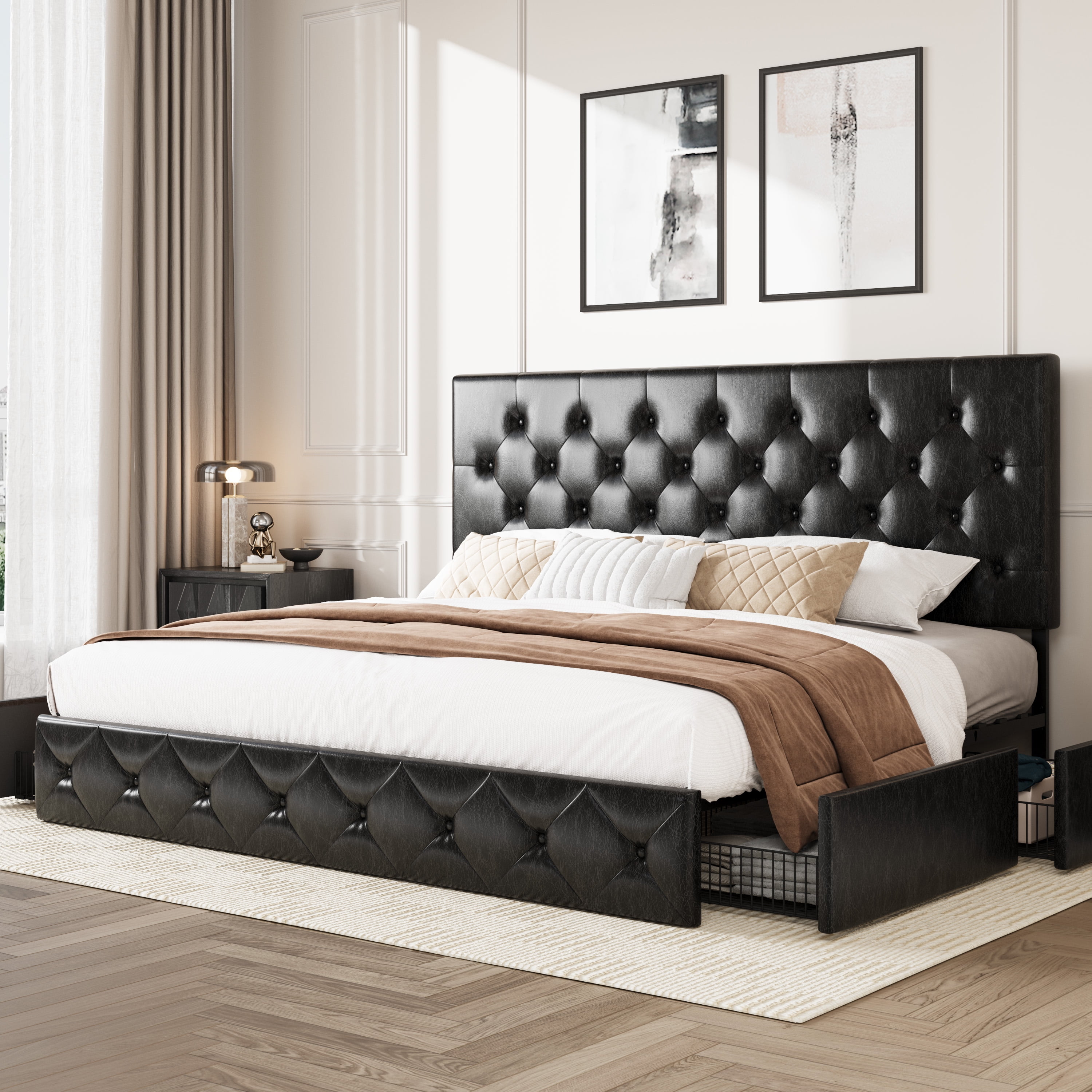 Amolife King Size Faux Leather Platform Bed Frame with 4 Storage ...