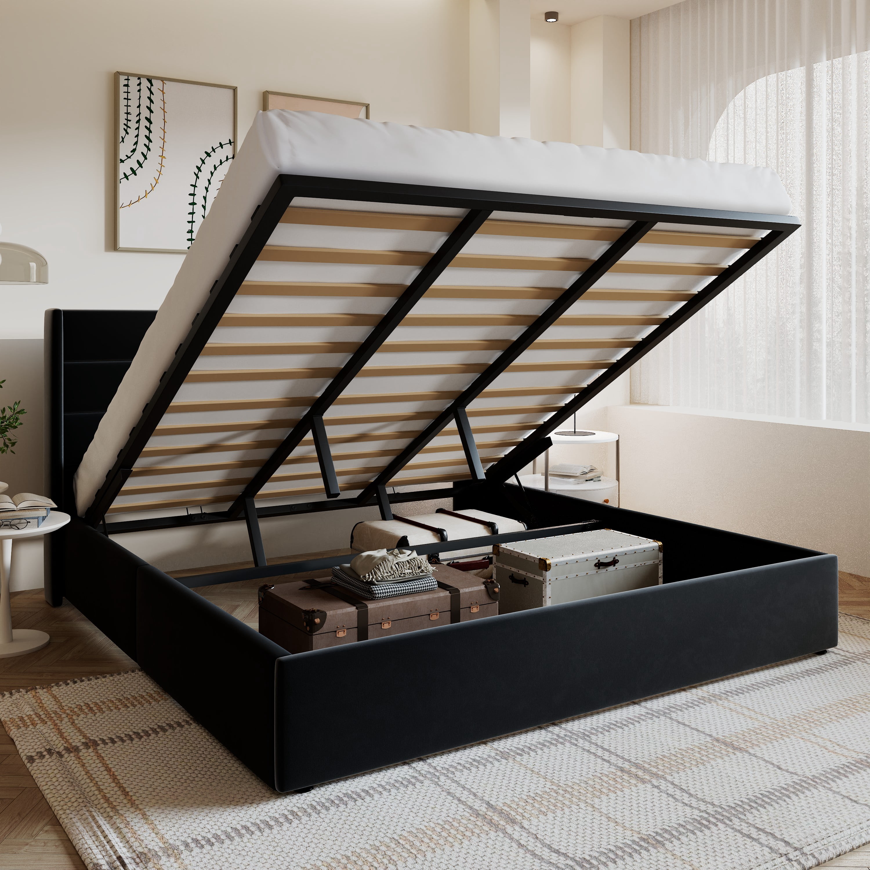 Amolife King Size Velvet Lift up Hydraulic Storage Platform Bed Frame ...