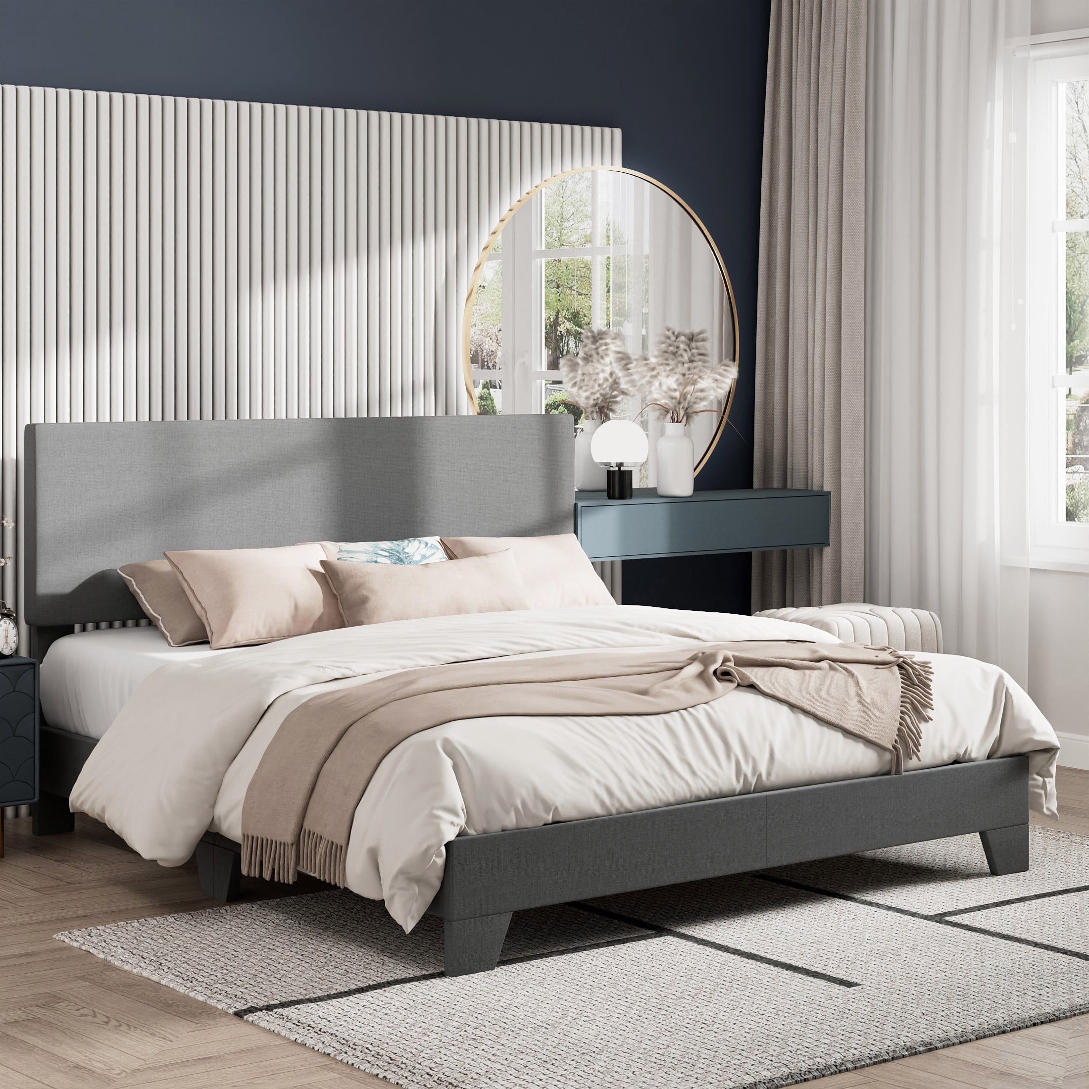 Amolife King Size Linen Fabric Platform Bed Frame with Adjustable ...