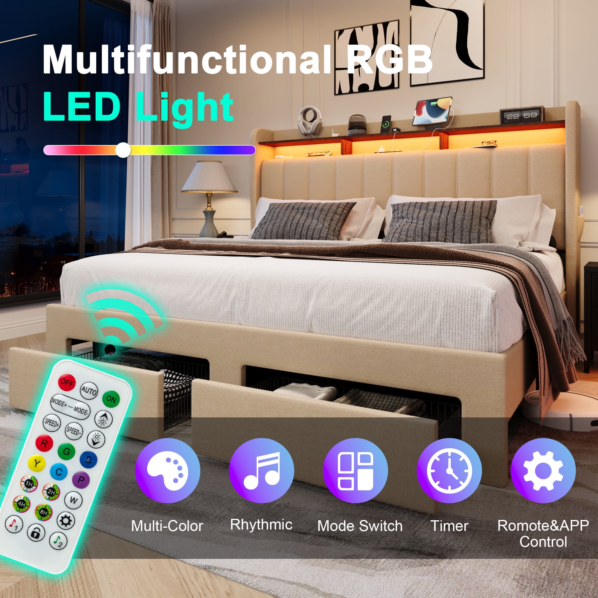 Amolife King Size Platform Bed Frame with 2-Tier LED Storage Fabric ...