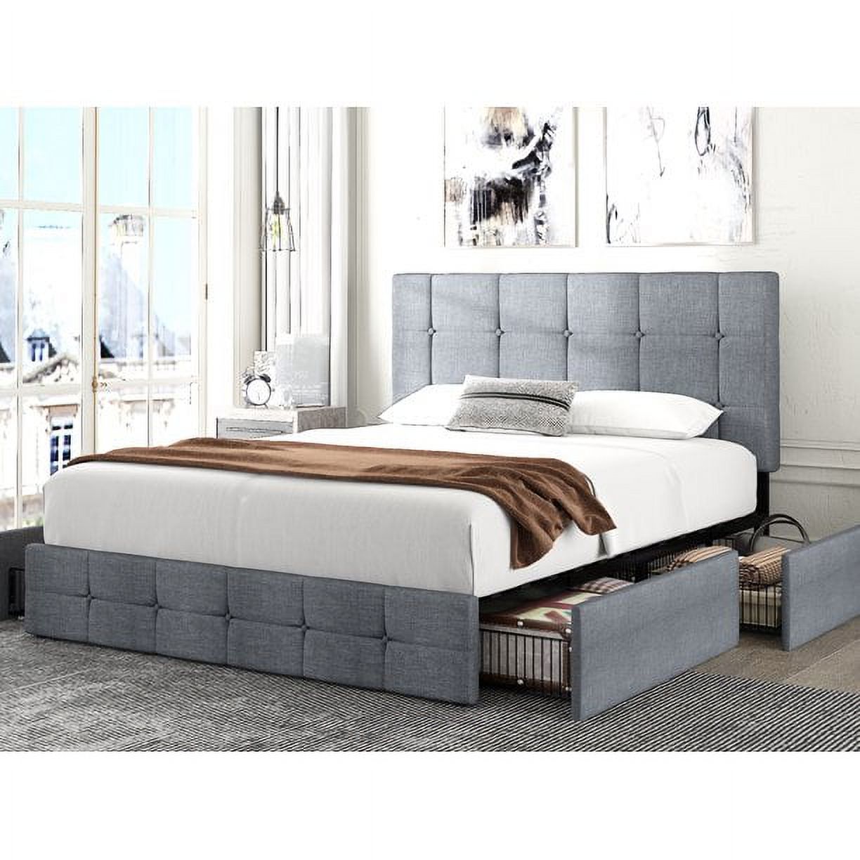King-size Upholstered Platform Bed Frame with Tufted Headboard Home ...