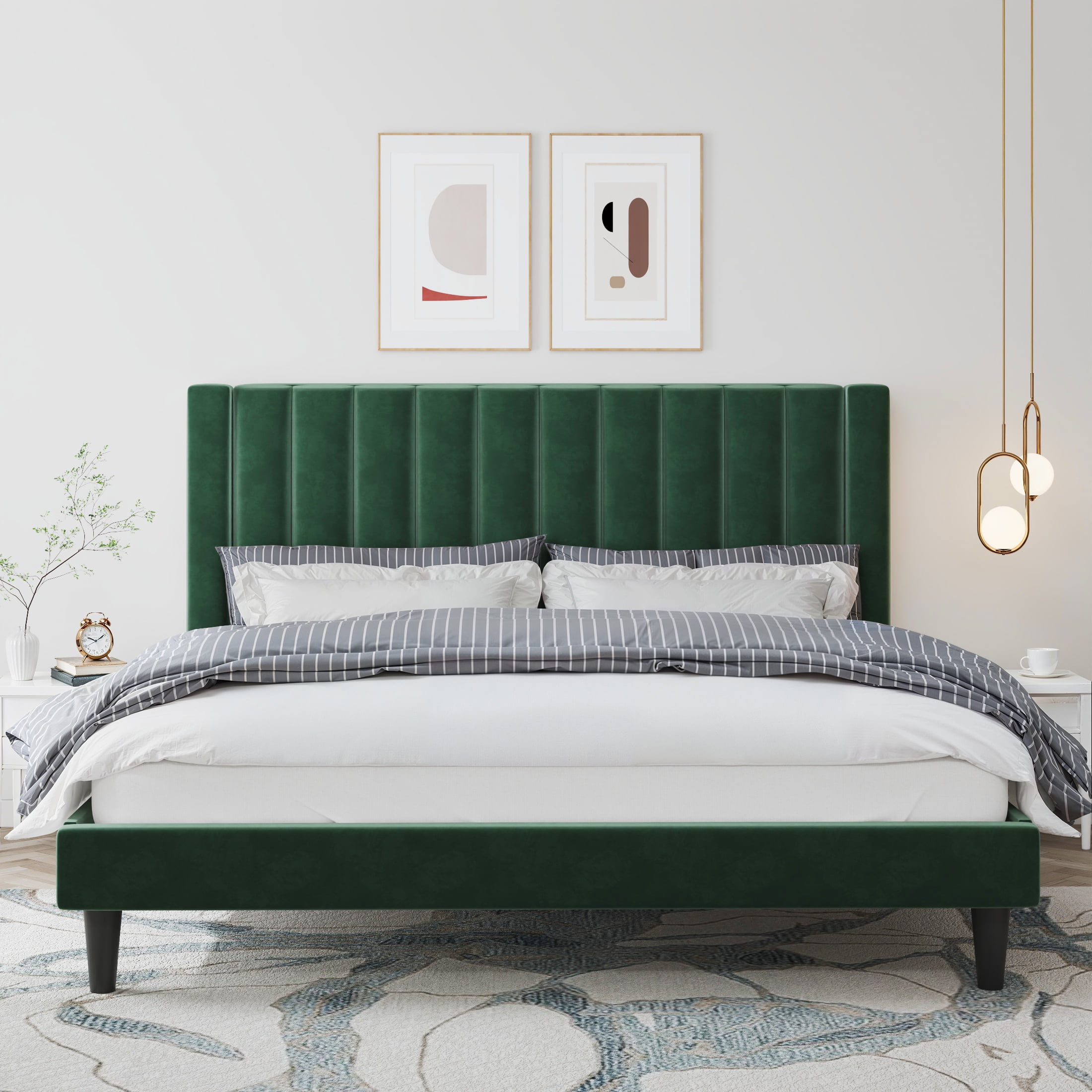 Amolife King Size Platform Bed Frame with Upholstered Velvet Channel ...