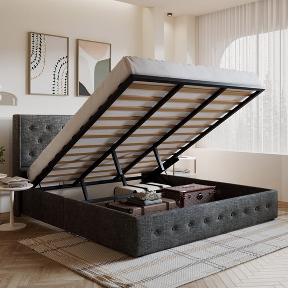 Amolife King Size Upholstery Bed Frame, Lift Storage & Button Tufted ...