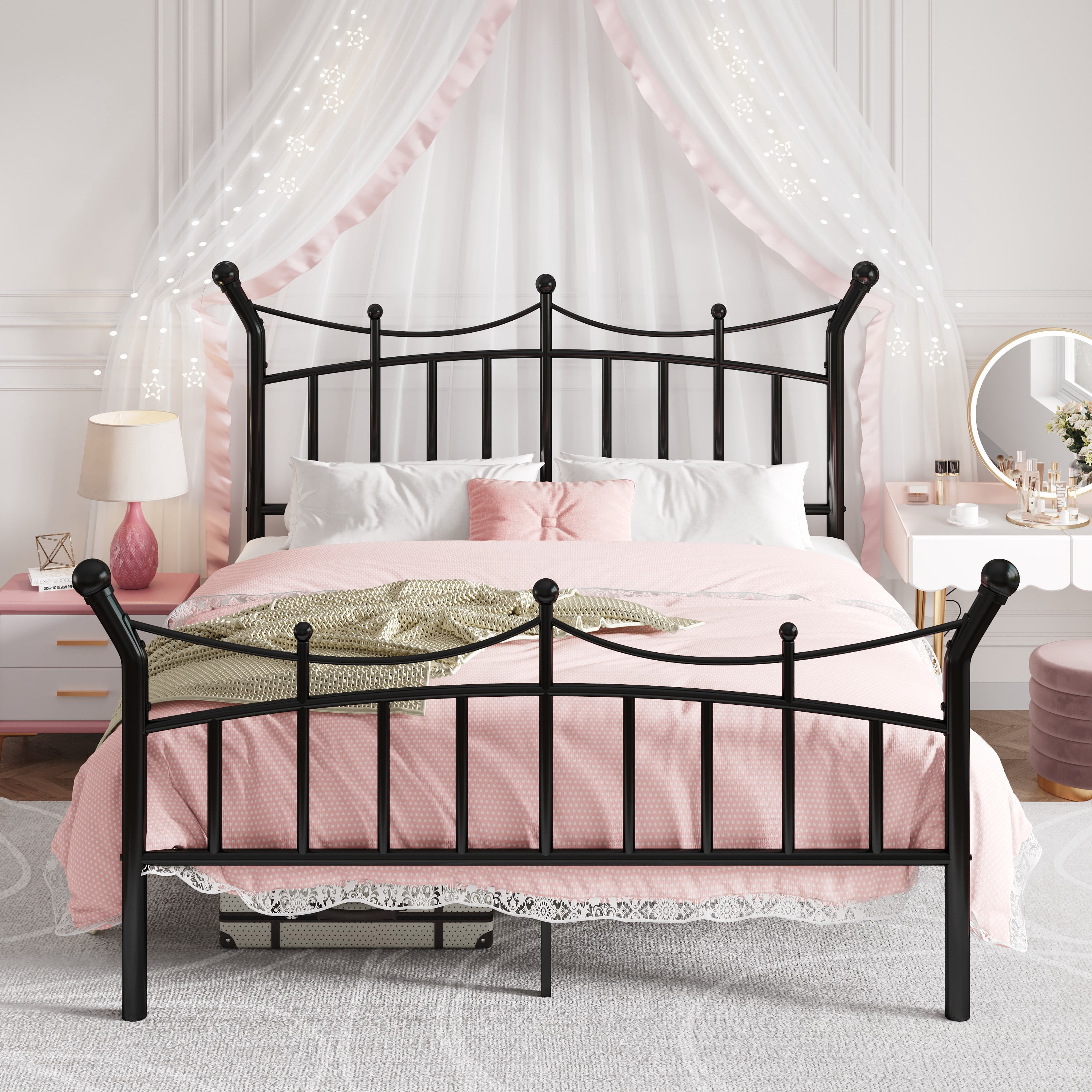 Amolife Queen Bed Frame, Metal Platform Bed with Crown-Shaped Headboard ...