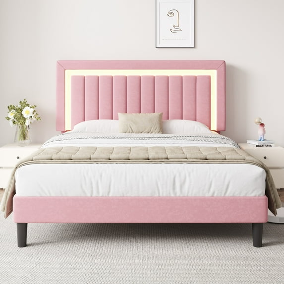 Amolife Queen Bed Frame, Platform Bed with LED Light Velvet Vertical ...