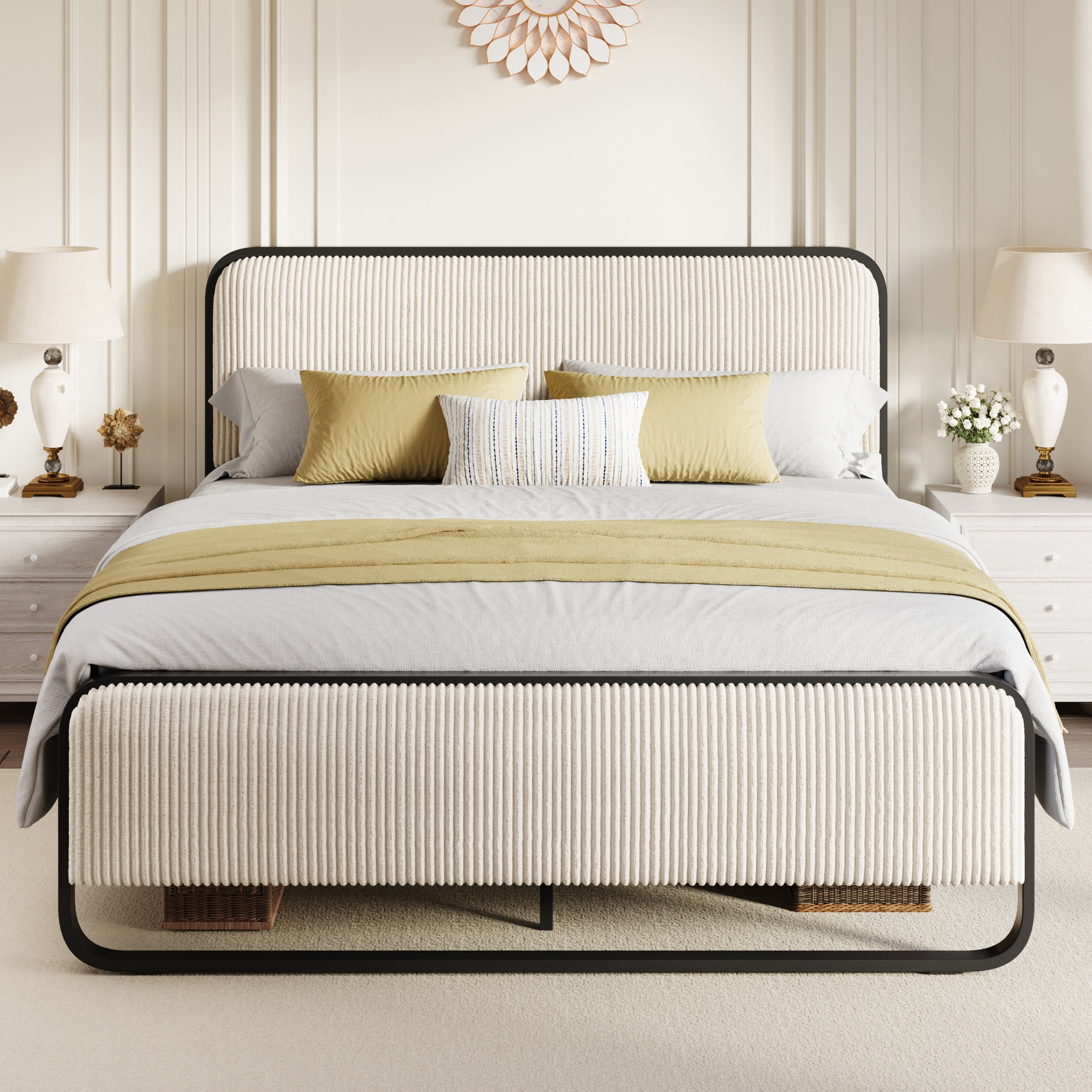Amolife Queen Bed Frame, Upholstered Platform Bed with Velvet Curved ...