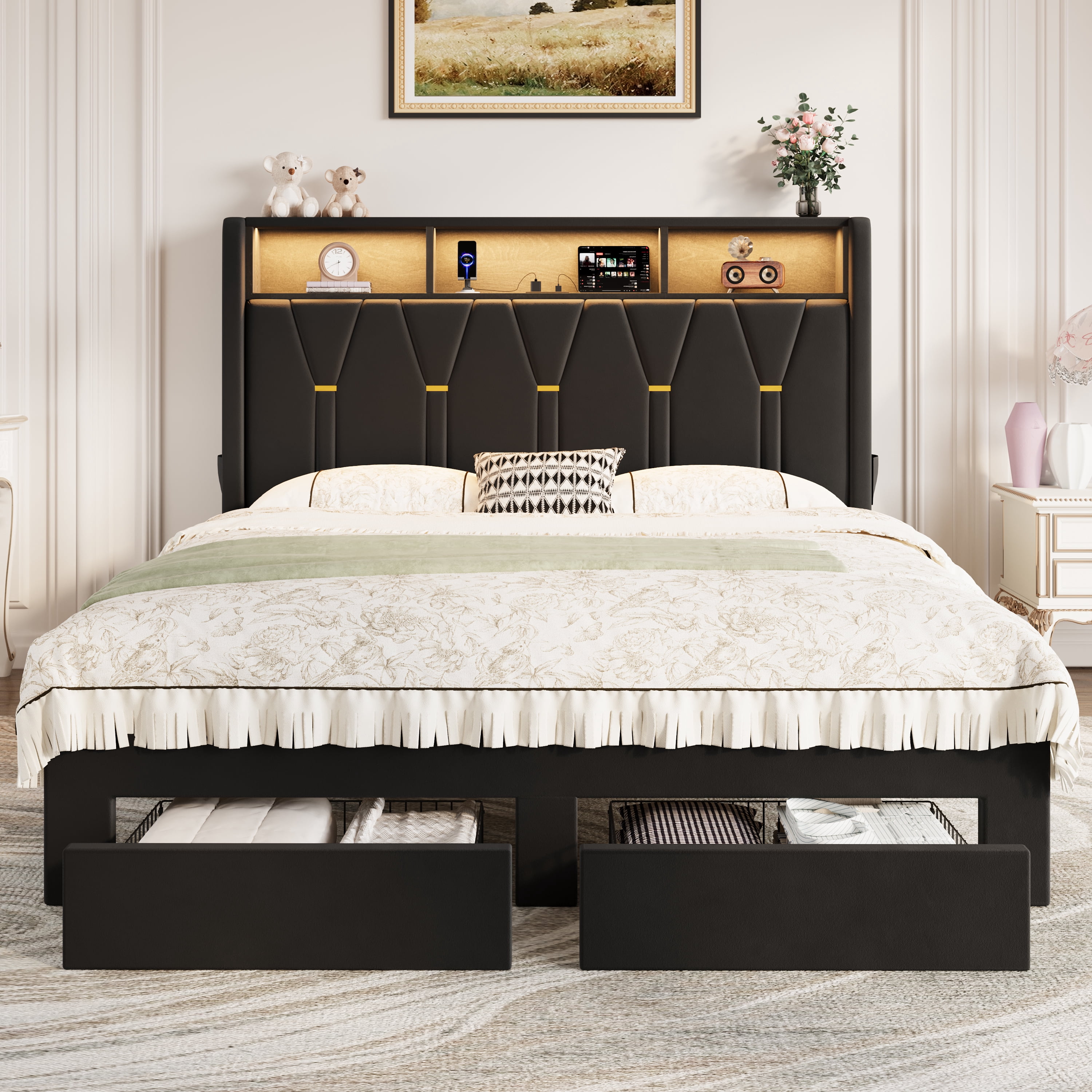 Amolife Queen Bed Frame with 2-Tier Shelves Wingback Headboard and Two ...