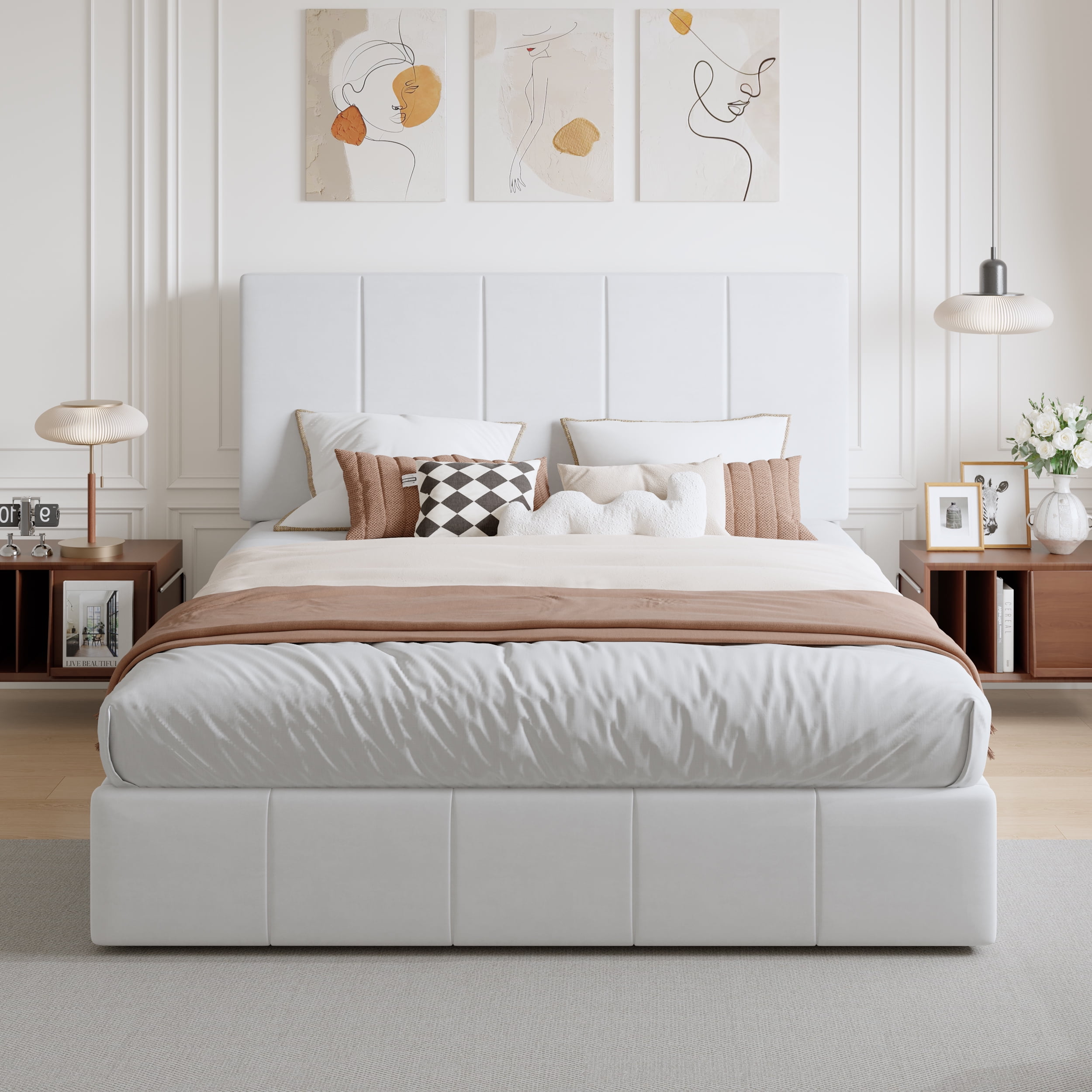 Amolife Queen Dutch Velvet Upholstered Platform Bed Frame with a ...