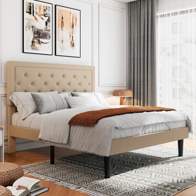 Amolife Queen Size Fabric Upholstered Platform Bed Frame with Button ...