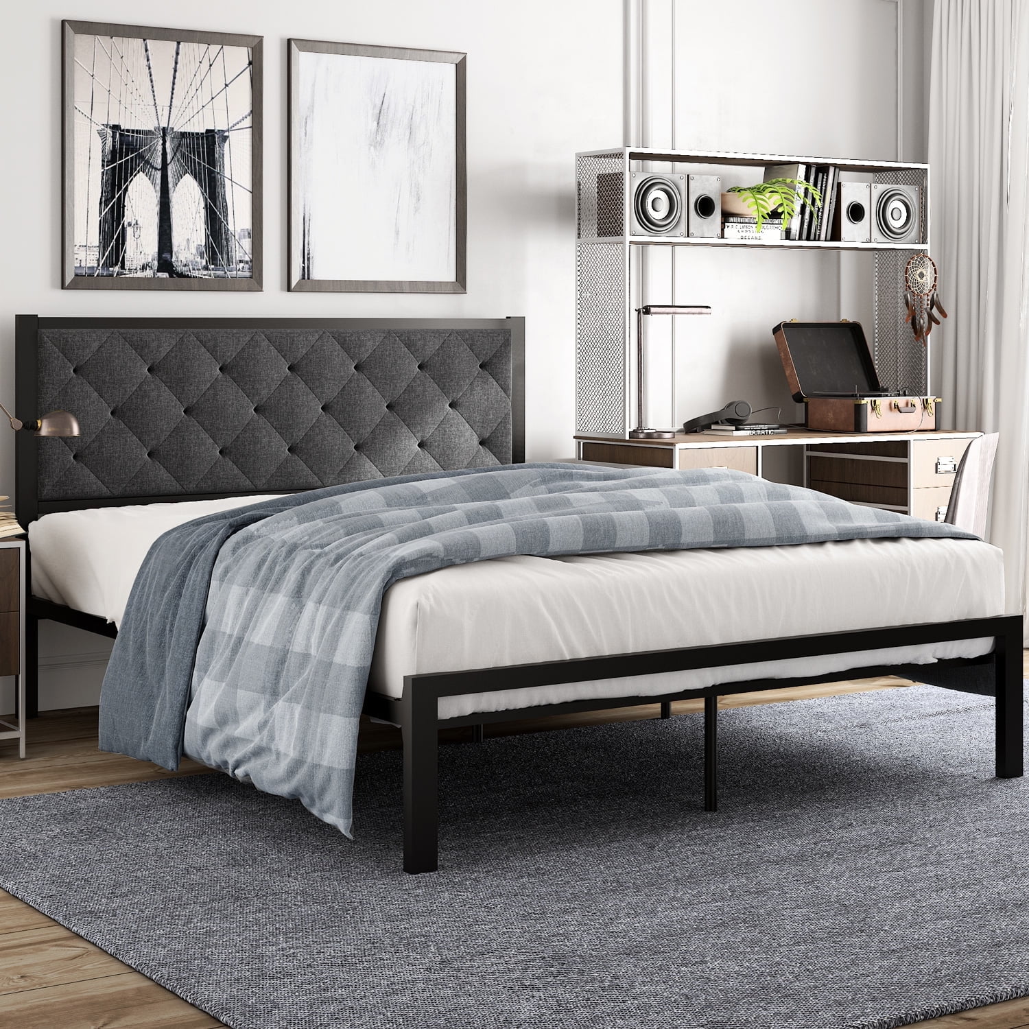 Amolife Queen Size Metal Bed Frame with Upholstered Headboard, Dark ...