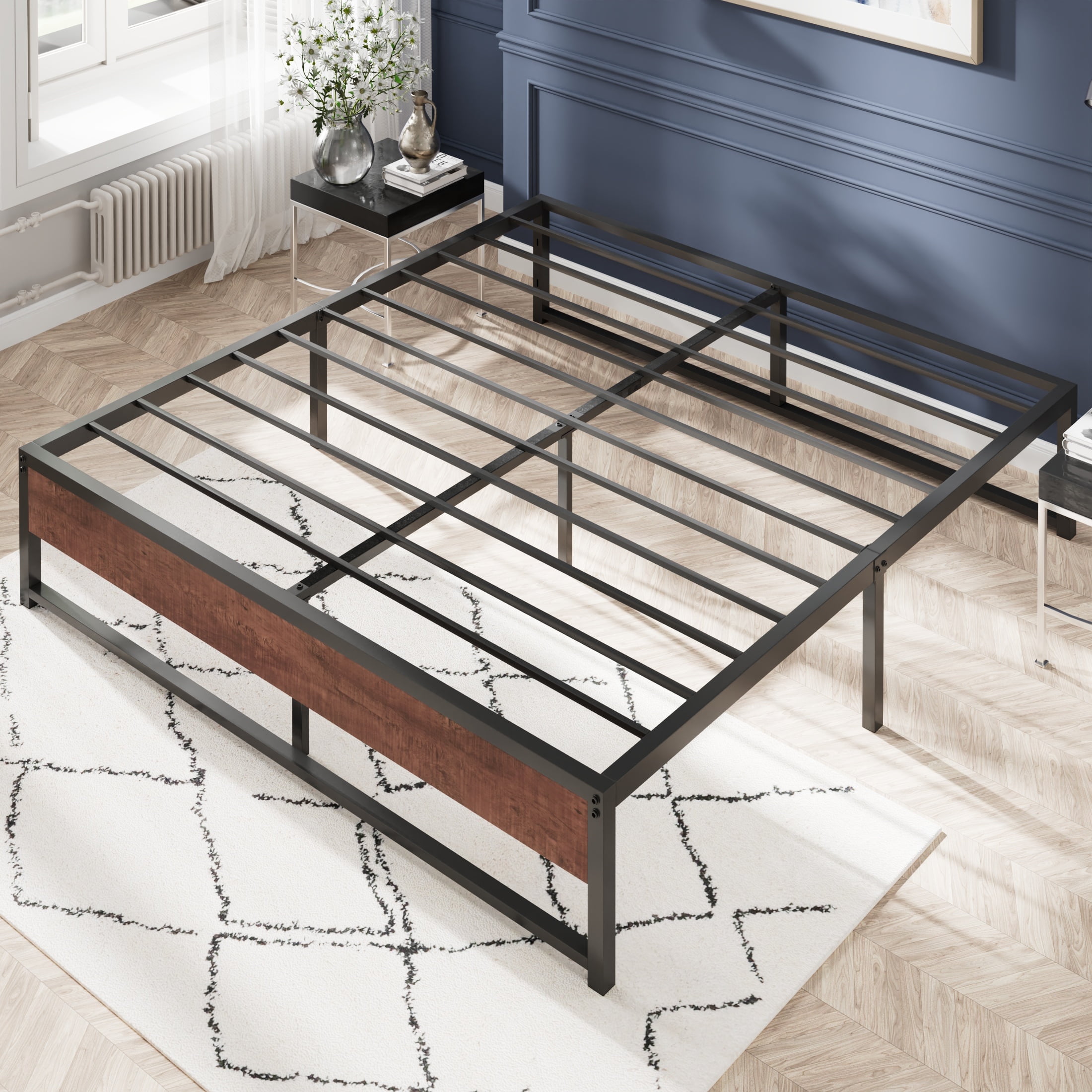 Amolife Sturdy Queen Bed Frame with Wooden Slat & Storage, Rustic Metal ...