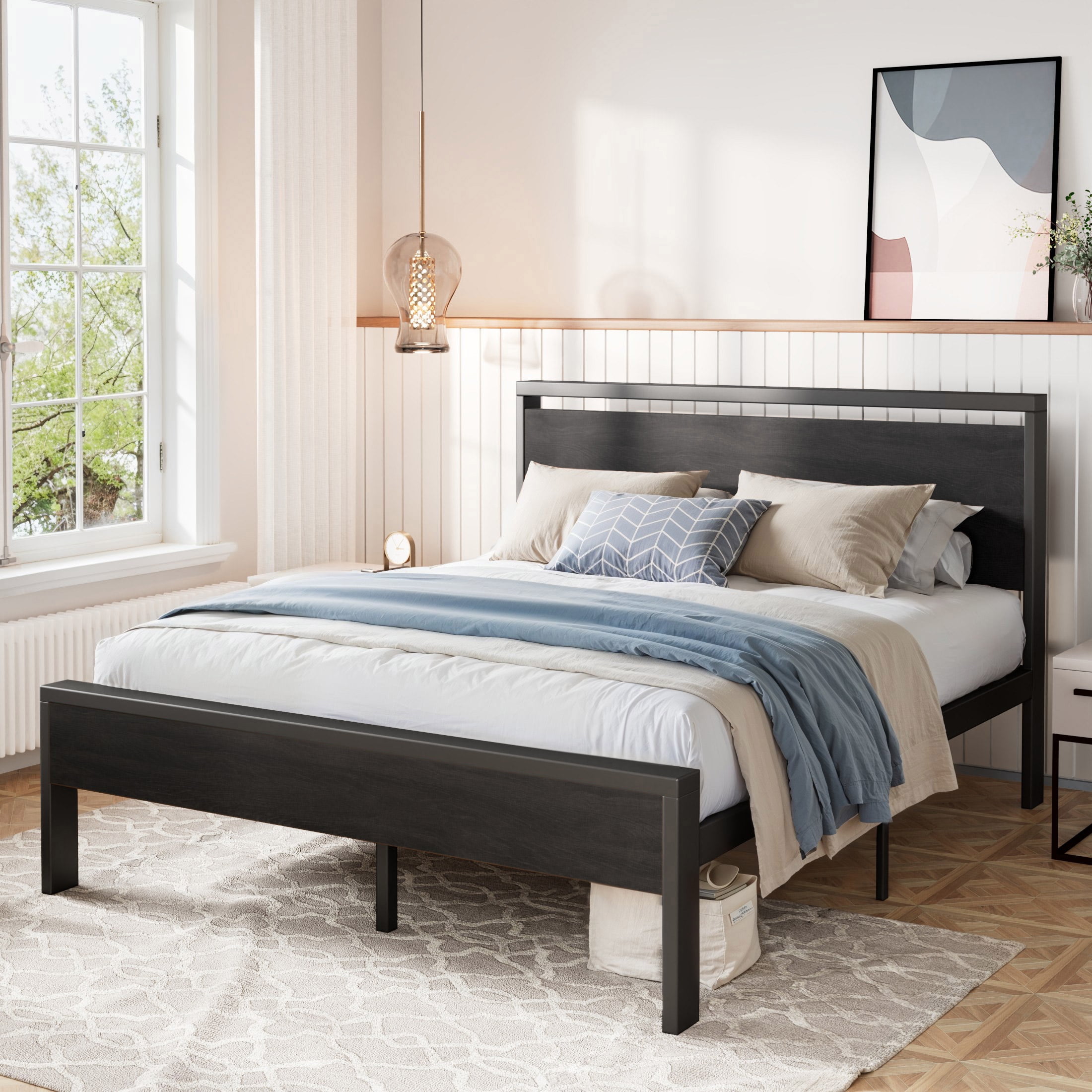 Amolife Queen Size Vintage Iron Platform Bed Frame with Wooden ...
