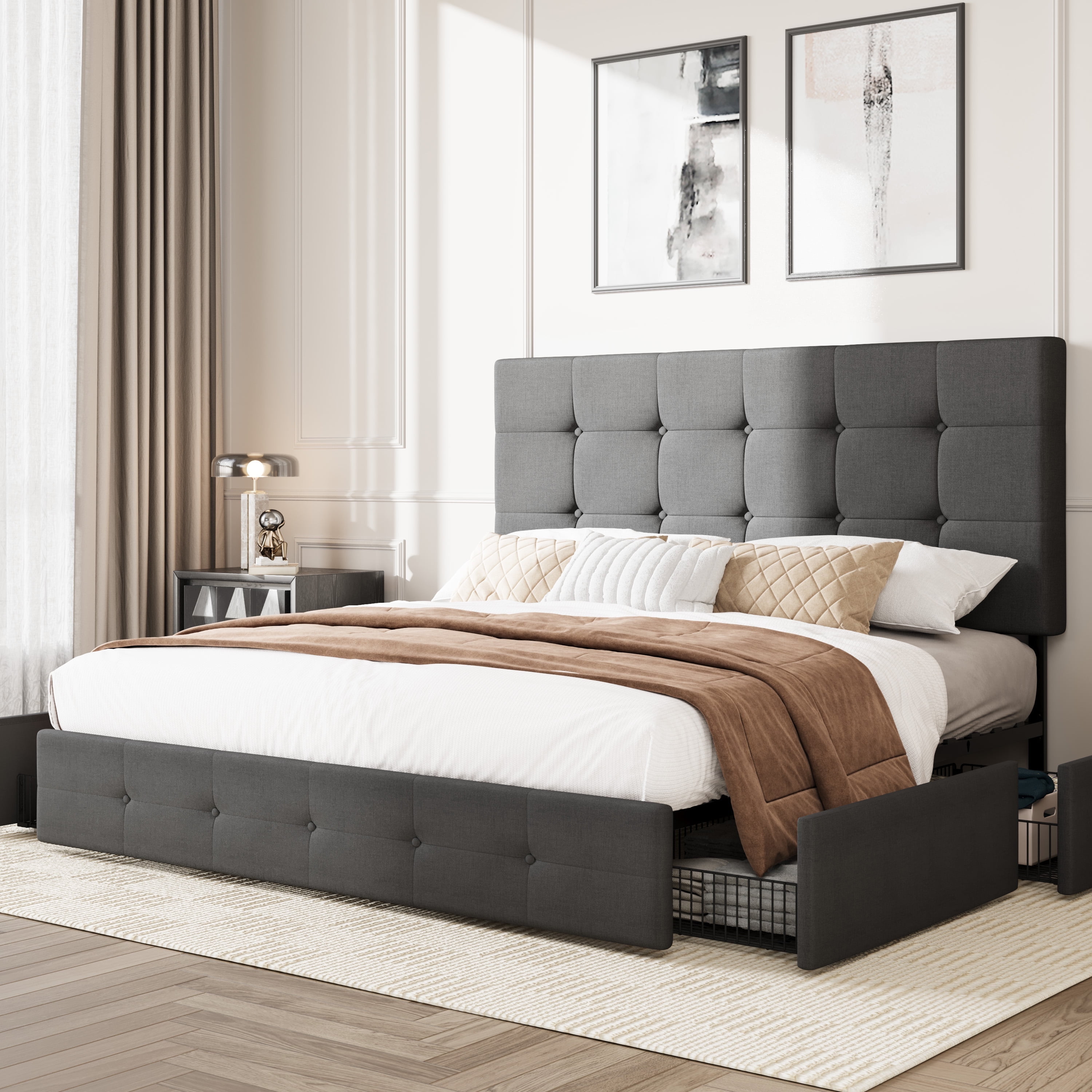 Amolife Queen Size Platform Bed Frame with Square stitched Headboard and 4 Drawers Dark Gray
