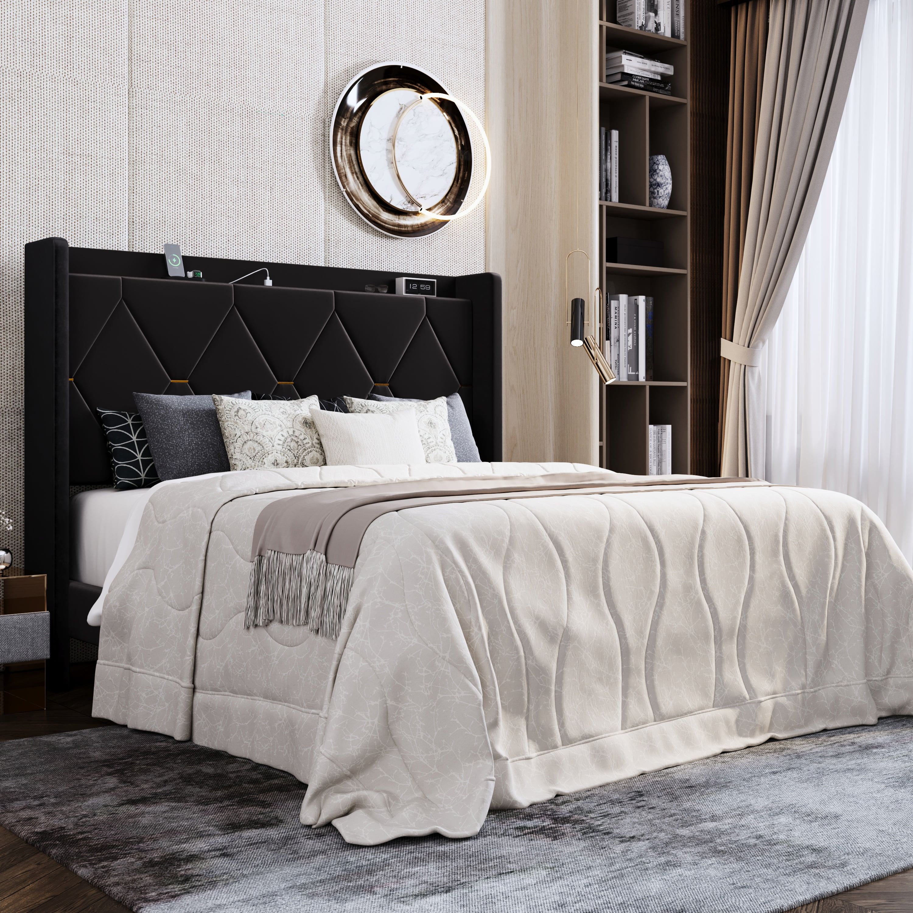 Amolife Queen Bed Frame, Upholstered Platform Bed with Storage Wingback ...