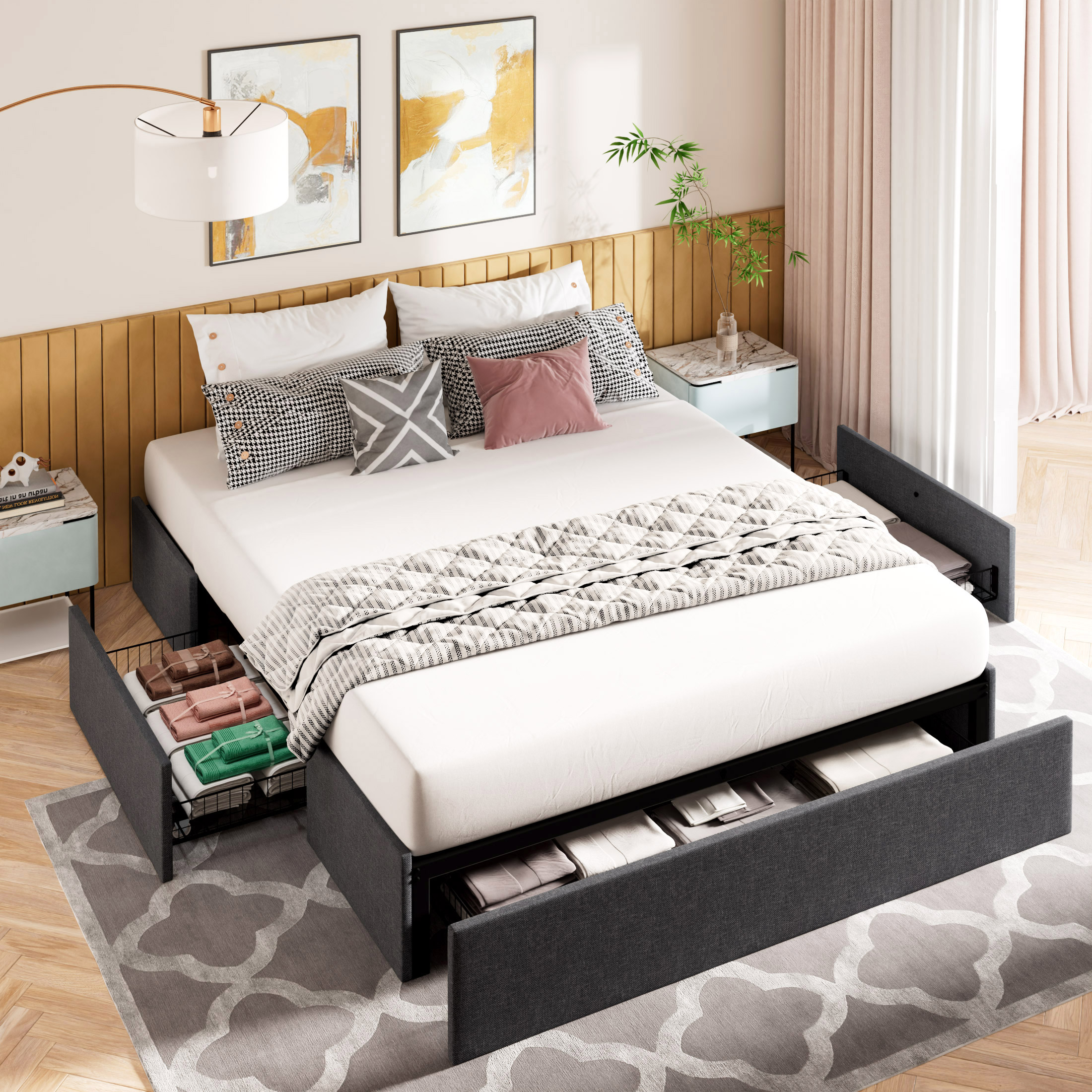 Amolife Full Size Faux Leather Platform Bed Frame with 3 Storage ...