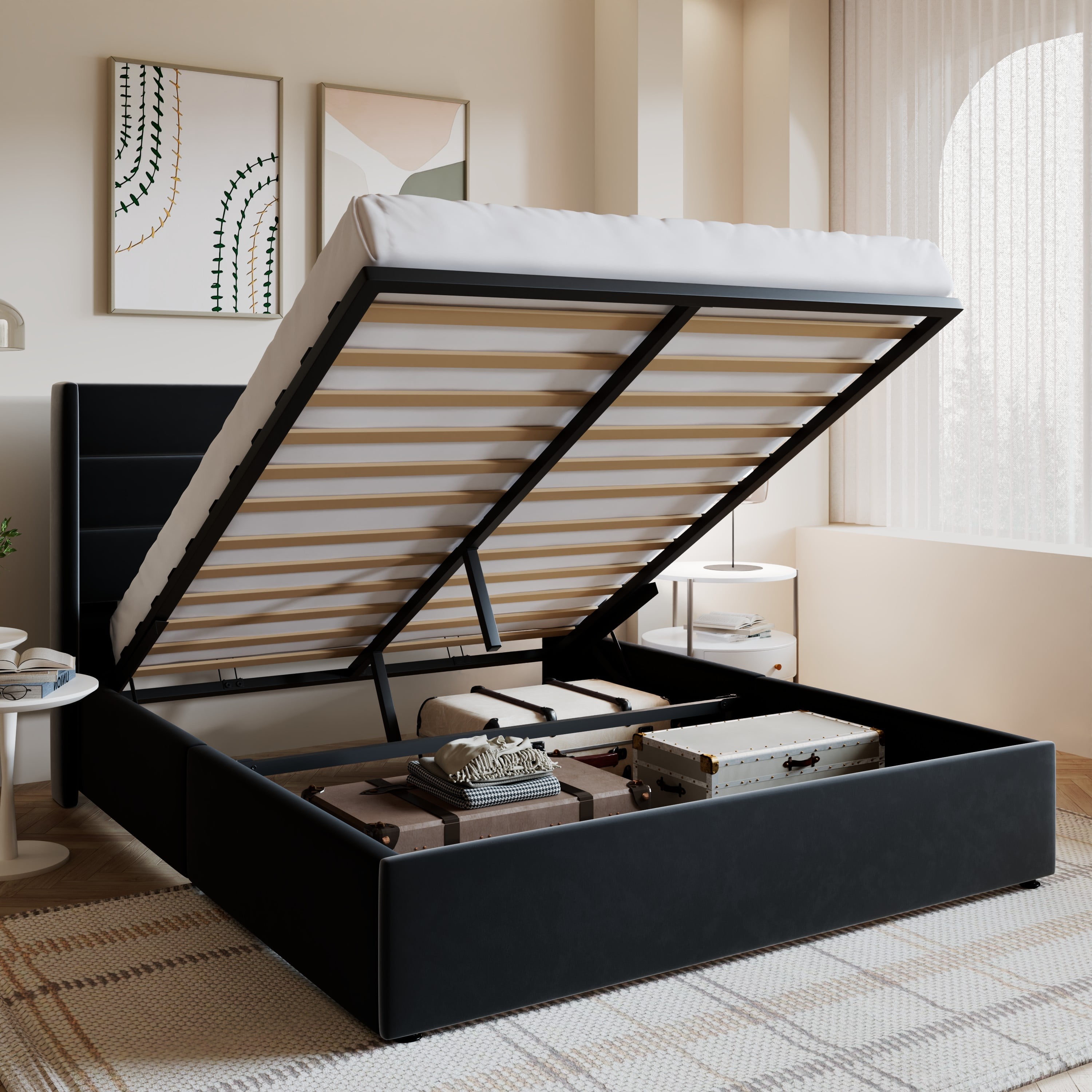 Amolife Queen Size Velvet Lift up Hydraulic Storage Platform Bed Frame ...