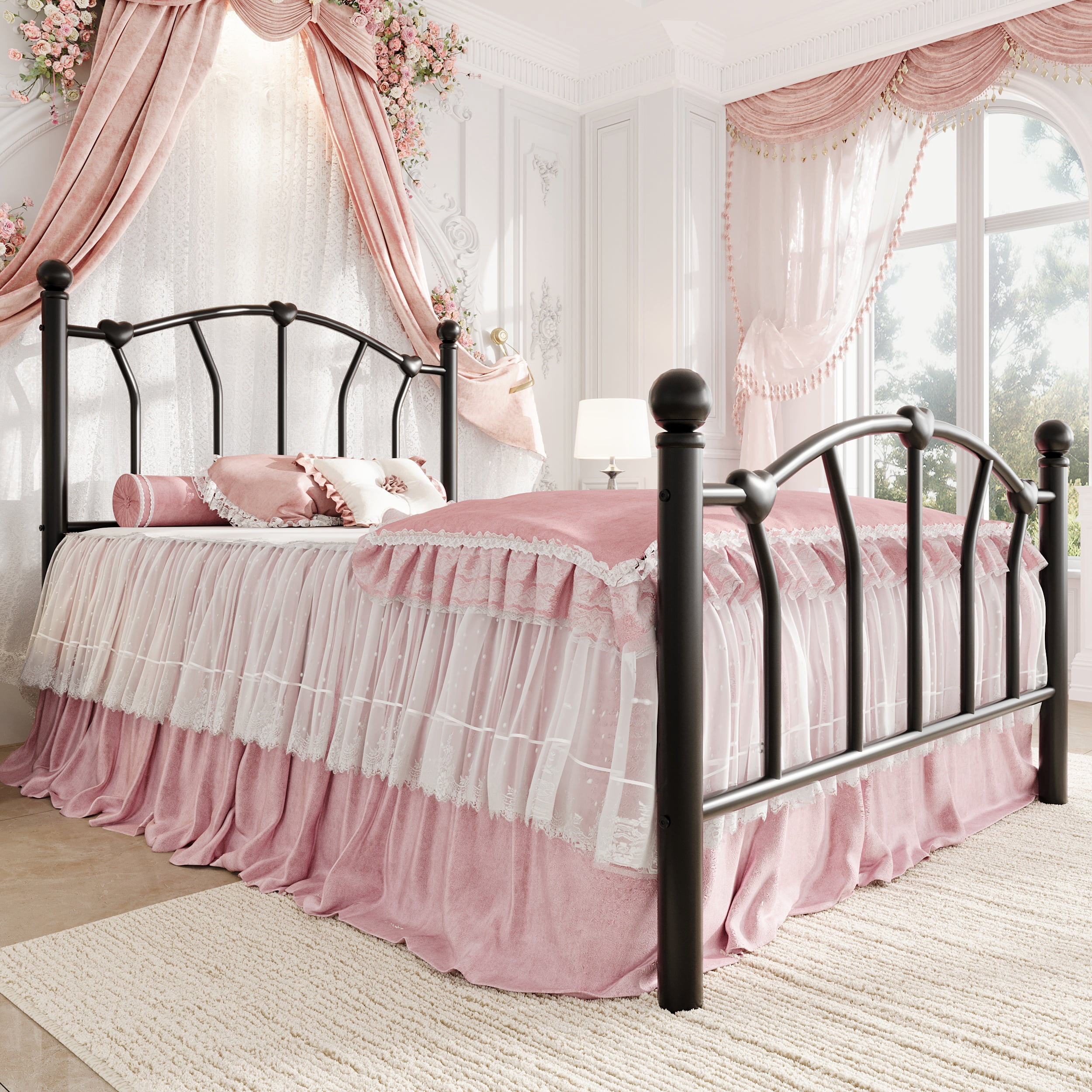 Amolife Twin Bed Frame, Metal Platform Bed with Heart-Shaped Headboard ...